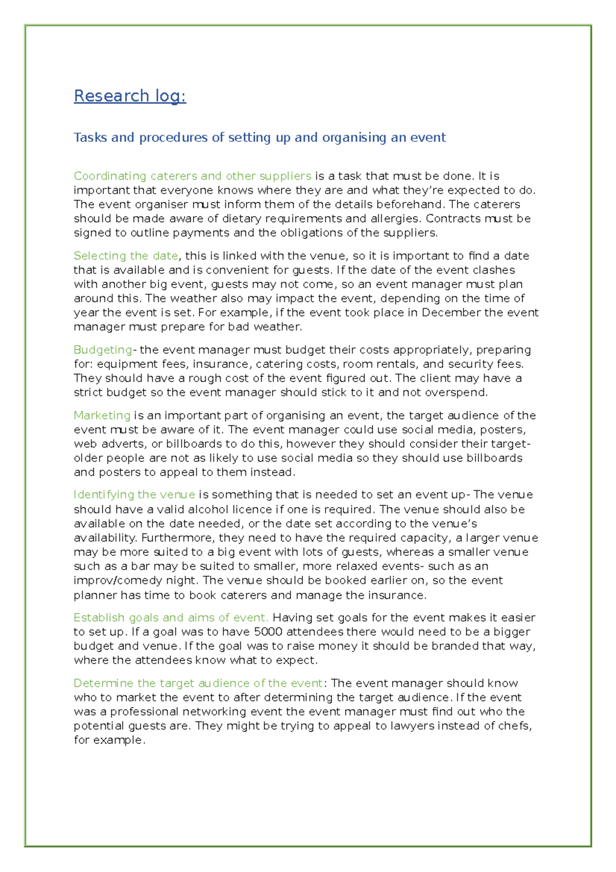 Research log 4 event - Research log: Tasks and procedures of setting up ...