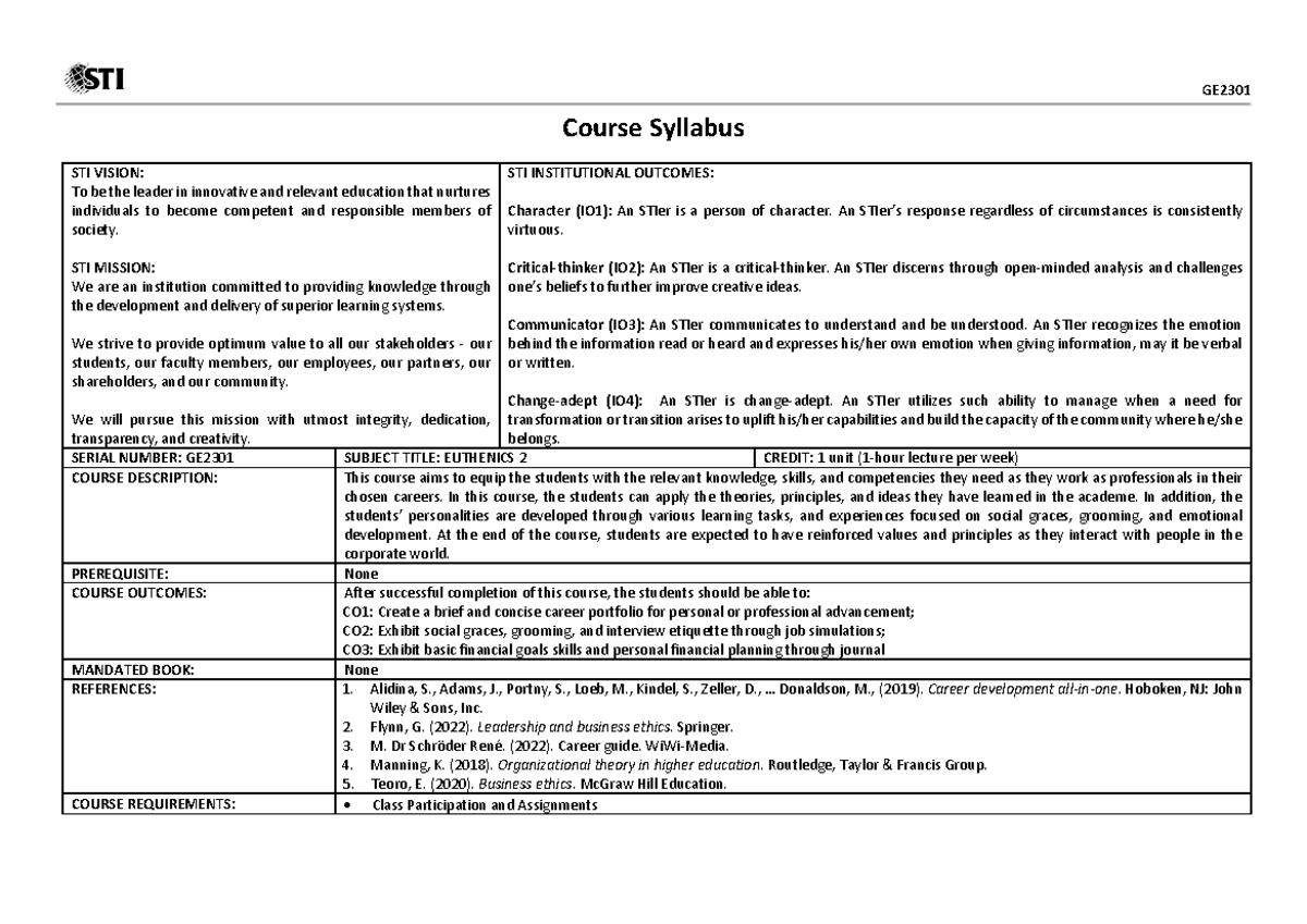 GE2301 Syllabus and Course Outline - Course Syllabus STI VISION: To be ...
