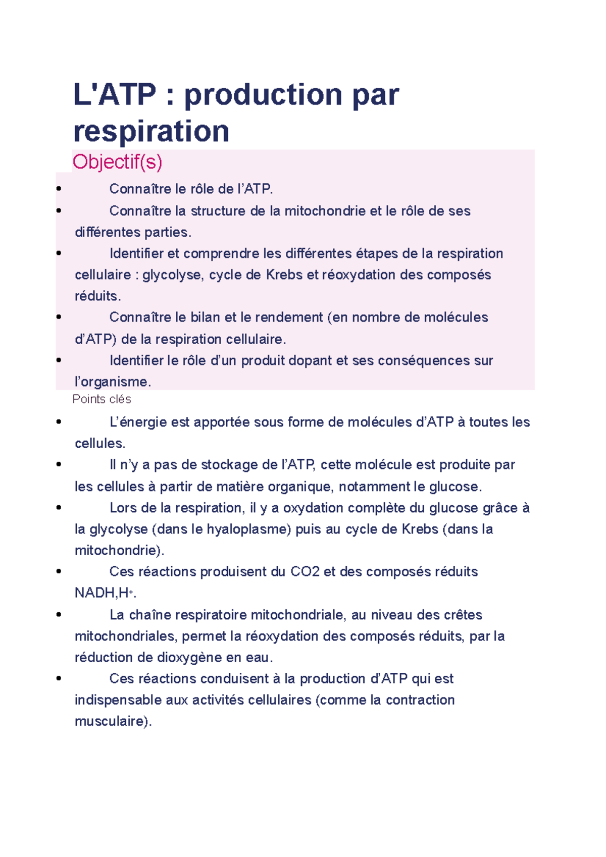 Les réactions métaboliques - respiration - L'ATP : production par ...