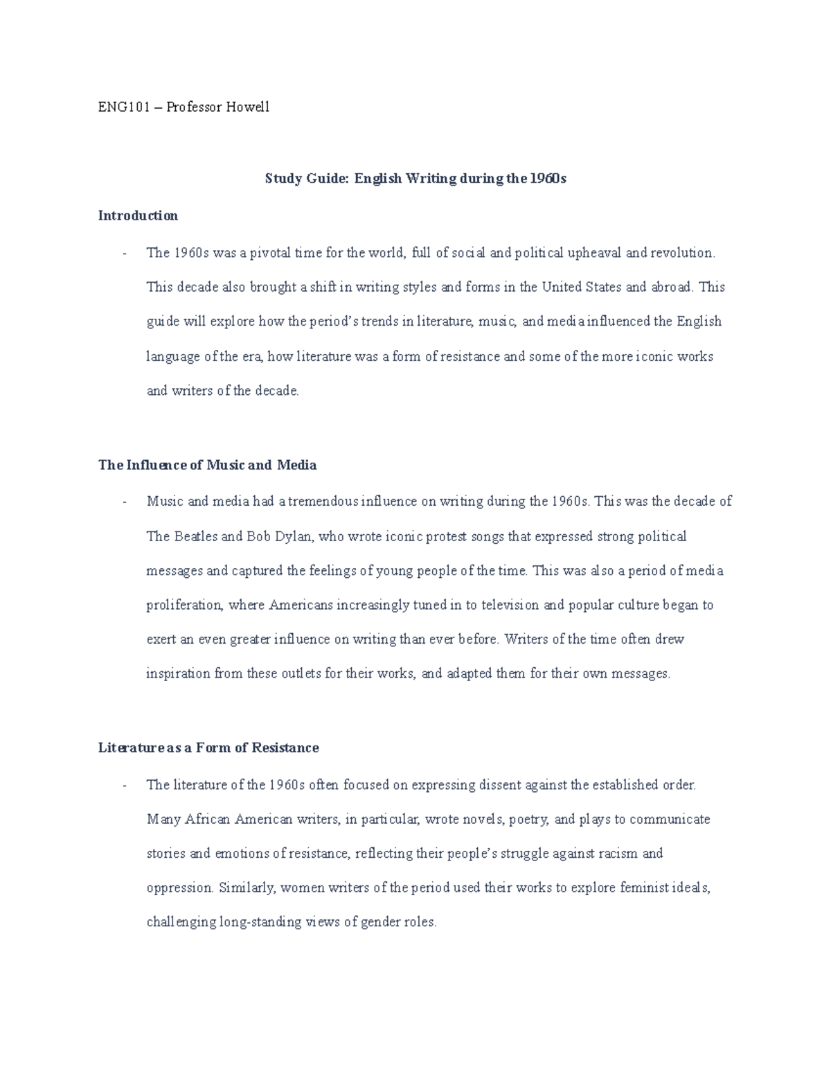 ENG101 Writing in the 1960s - ENG101 – Professor Howell Study Guide ...