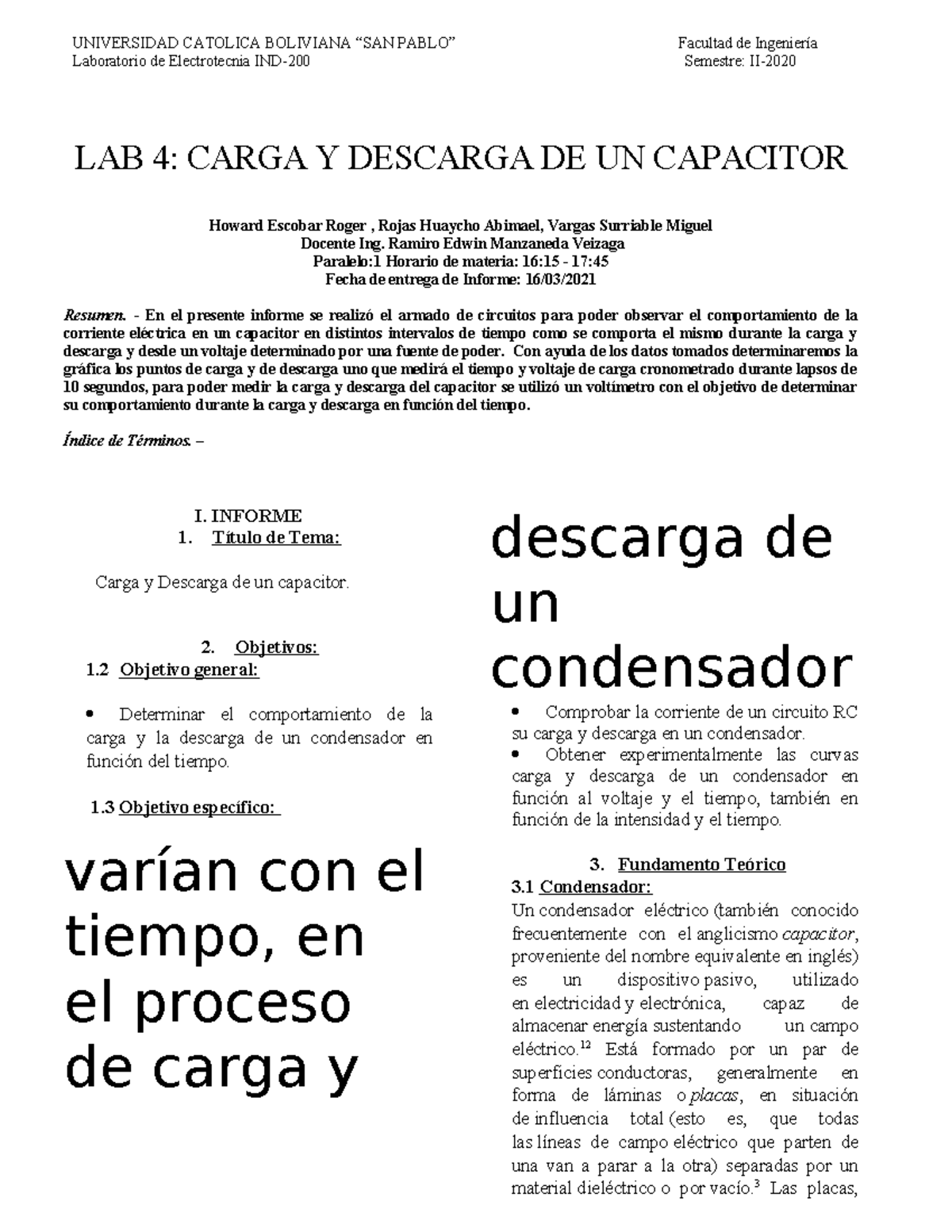 Informe 4 - Carga y descarga de un capacitor - Laboratorio de Electrotecnia IND- Semestre: II ...