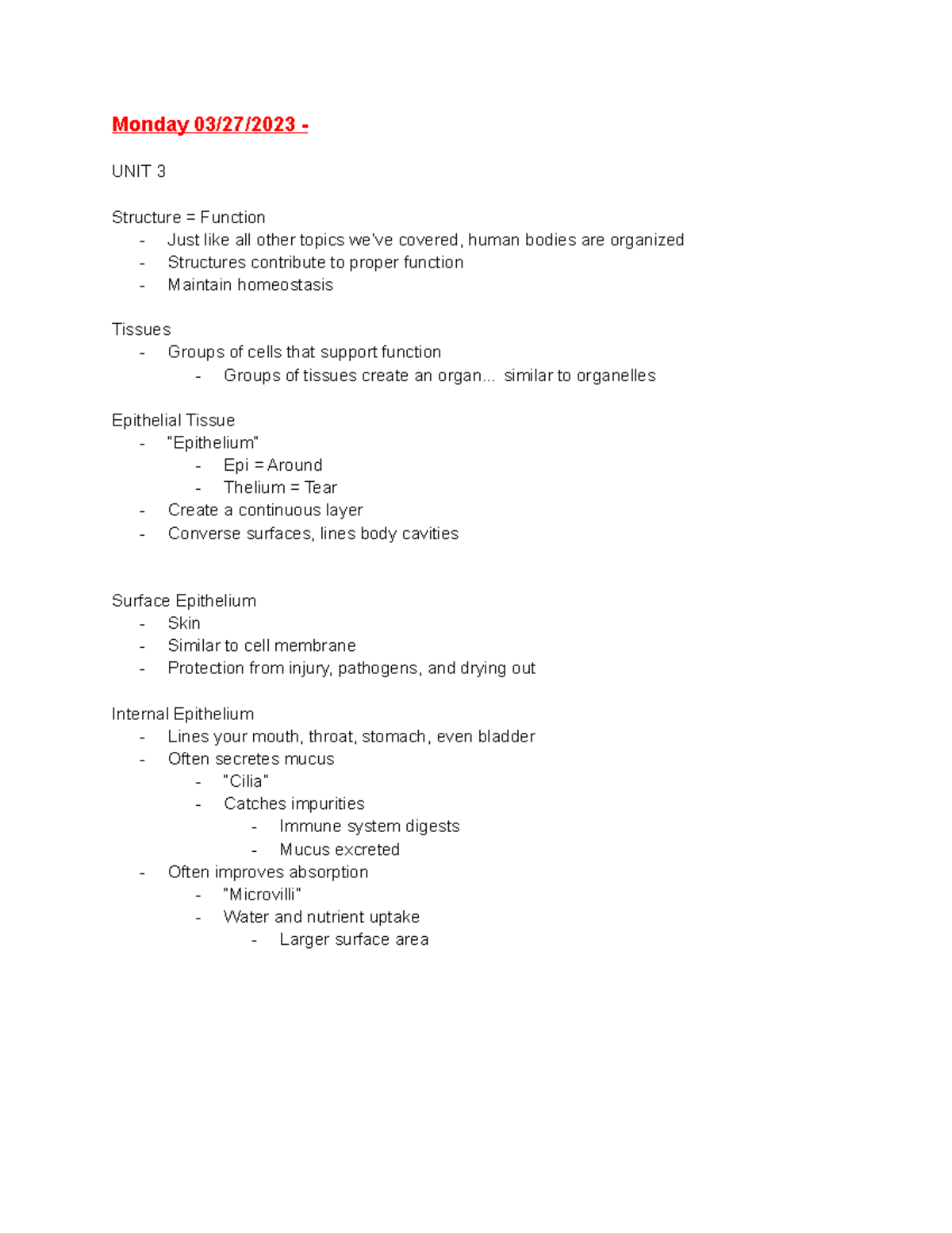 Week 10 - Biology - Monday 03/27/2023 - UNIT 3 Structure = Function ...