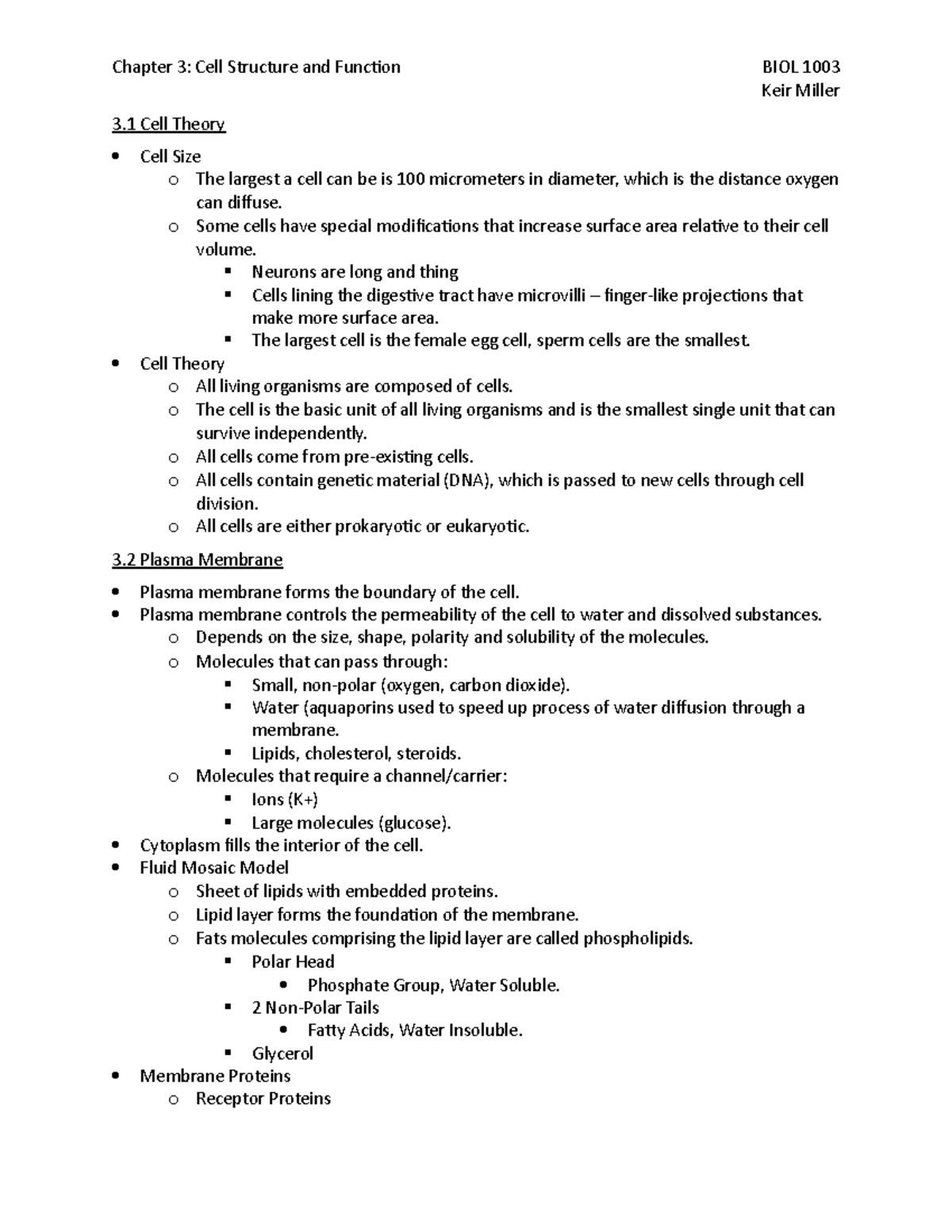 Chapter 3 - Cells and Cell Theory Notes - Keir Miller 3 Cell Theory ...
