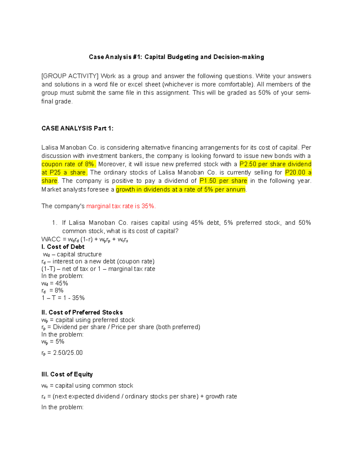 AEC13 Case Analysis #1 Capital Budgeting - Write your answers and ...