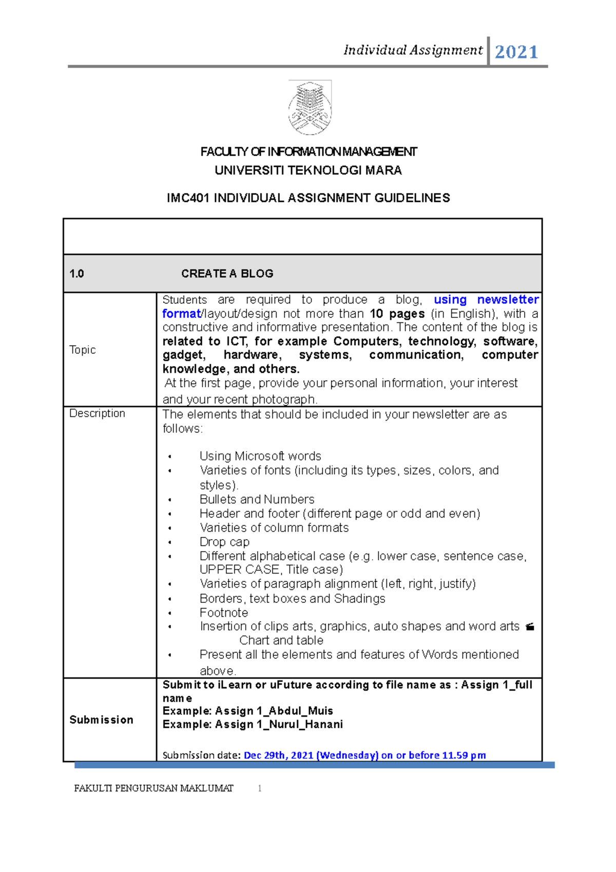 IMC401 assignment 1 guideline Dec 2021 - UNIVERSITI TEKNOLOGI MARA ...