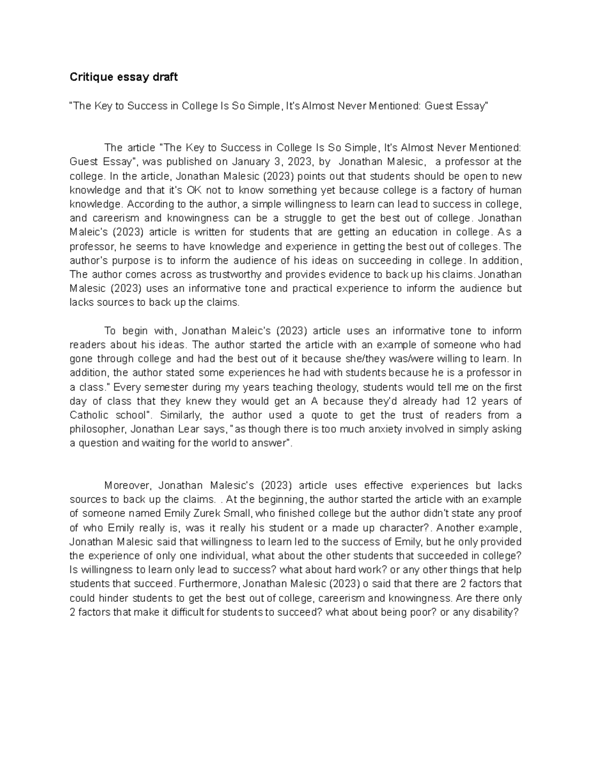 Critique essay draft - Critique essay draft “The Key to Success in ...