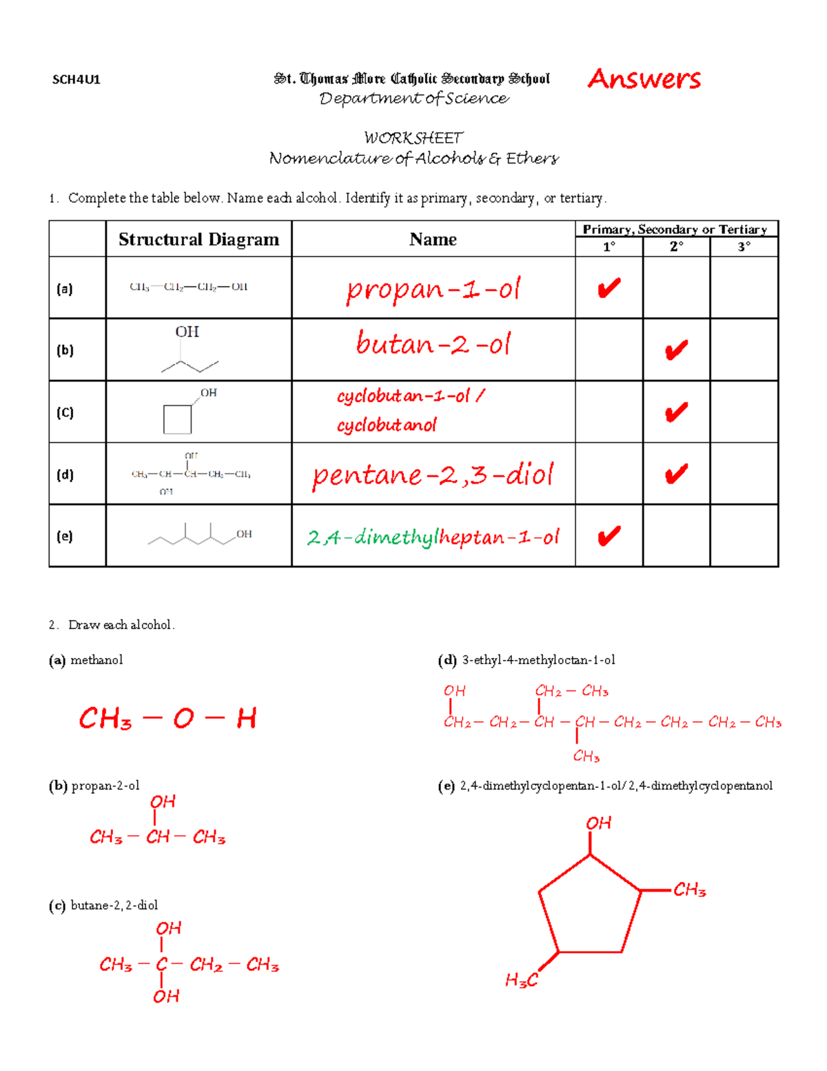 Alcohol and ether Worksheet- Answers 2022 - Copy - SCH4U1 St. Thomas ...