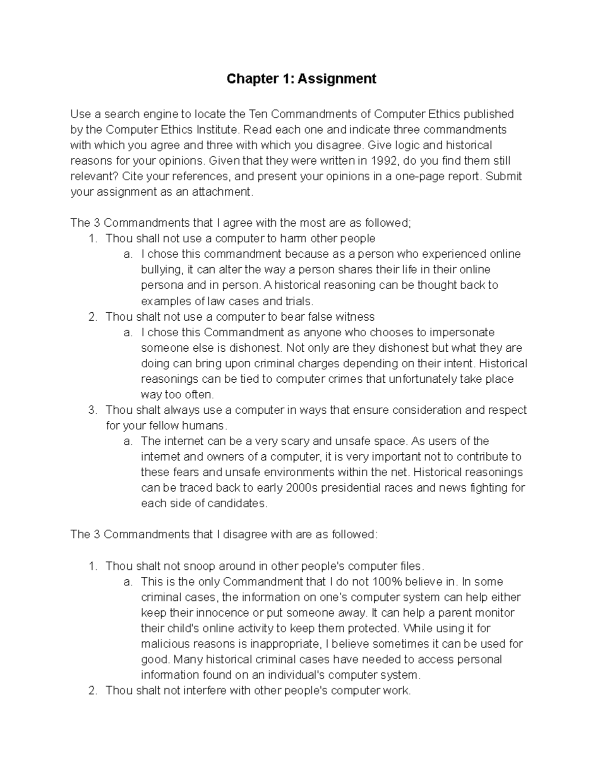 Chapter 1 Assignment - Chapter 1: Assignment Use a search engine to locate the Ten Commandments ...