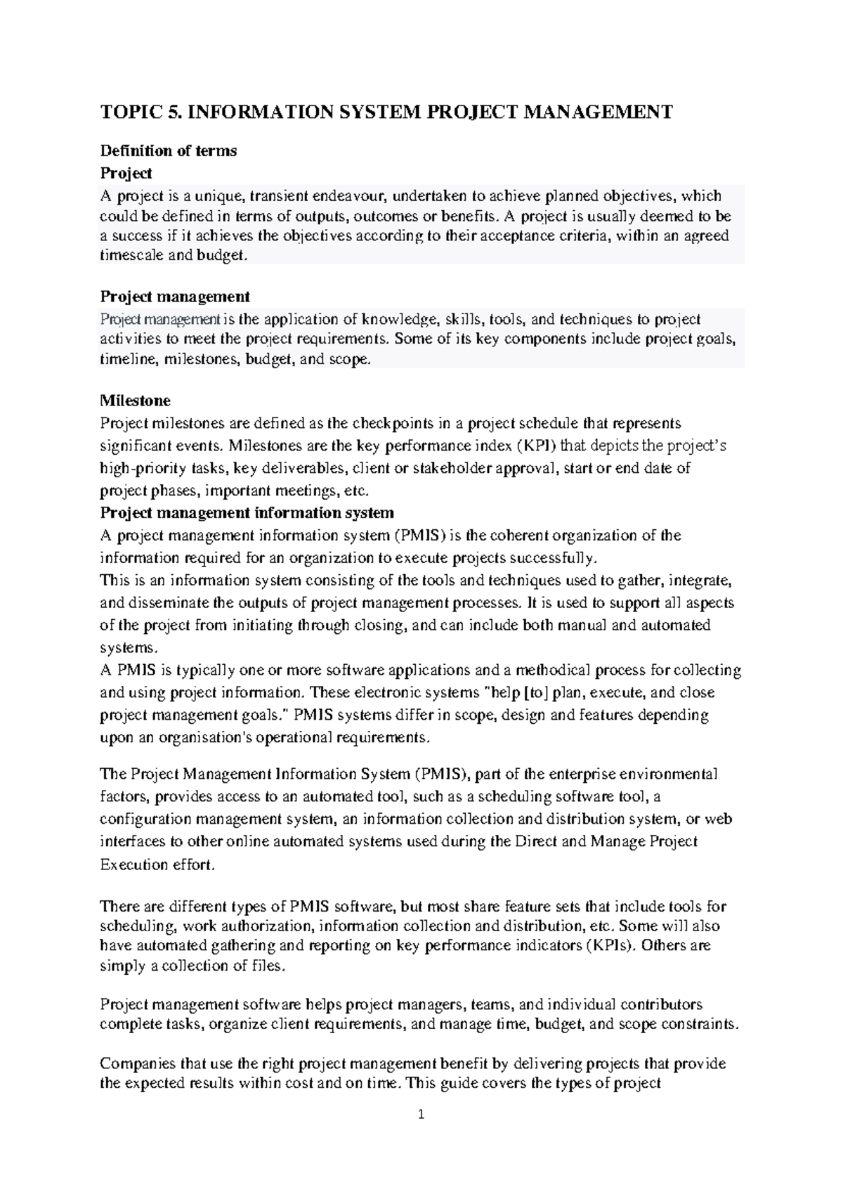 Topic 5. Information systems Project management - TOPIC 5. INFORMATION ...