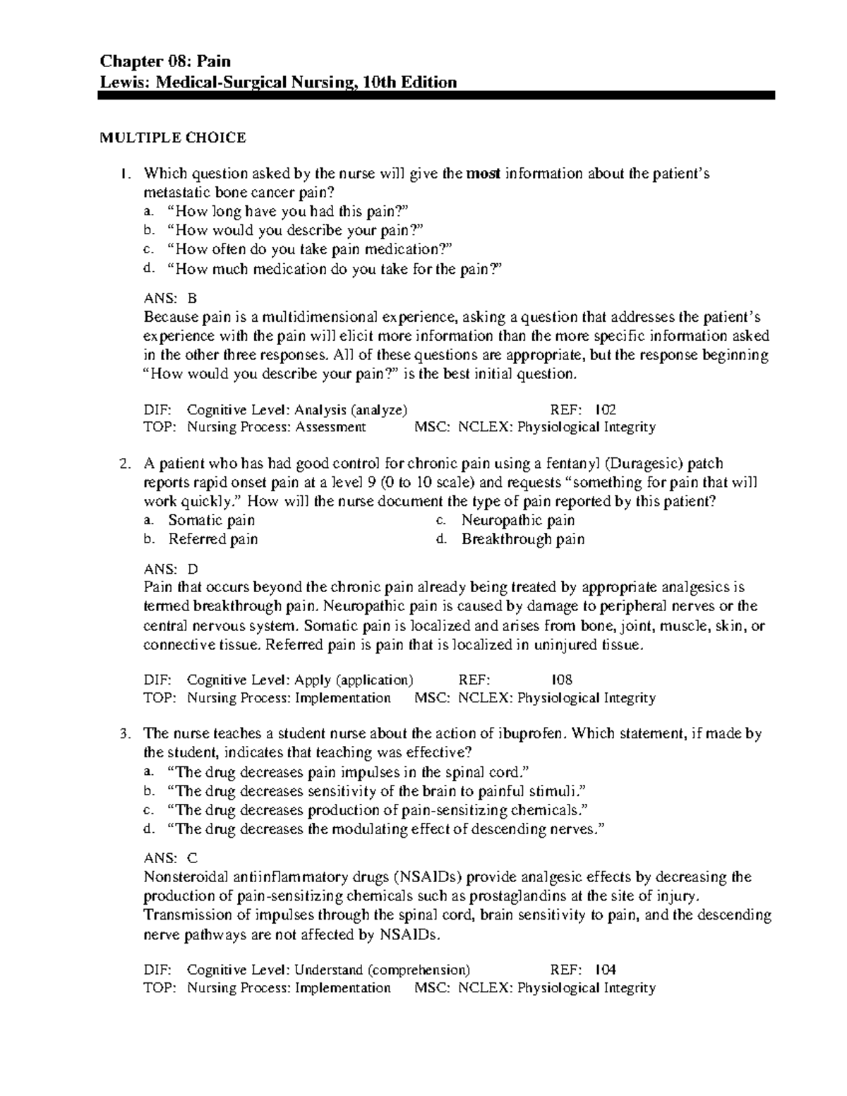 Pain Study Guide - Pain management - Chapter 08: Pain Lewis: Medical ...