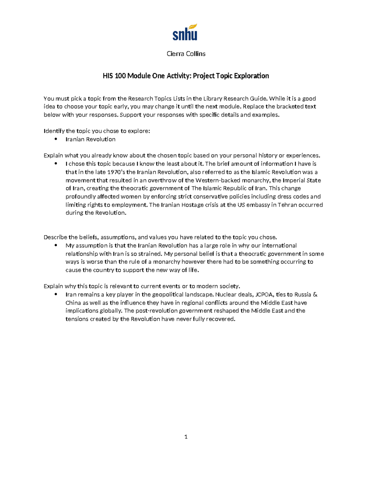 HIS 100 Module One Activity - While it is a good idea to choose your ...