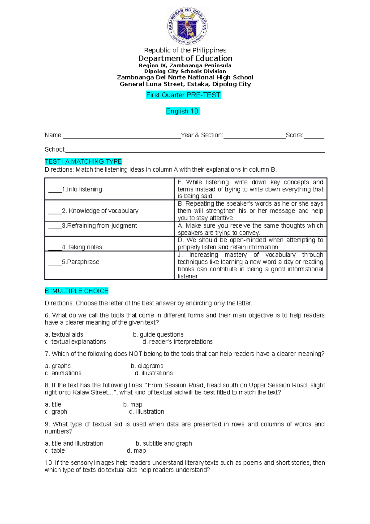 Pretest- Grade-10 - pre-test - Republic of the Philippines Department ...