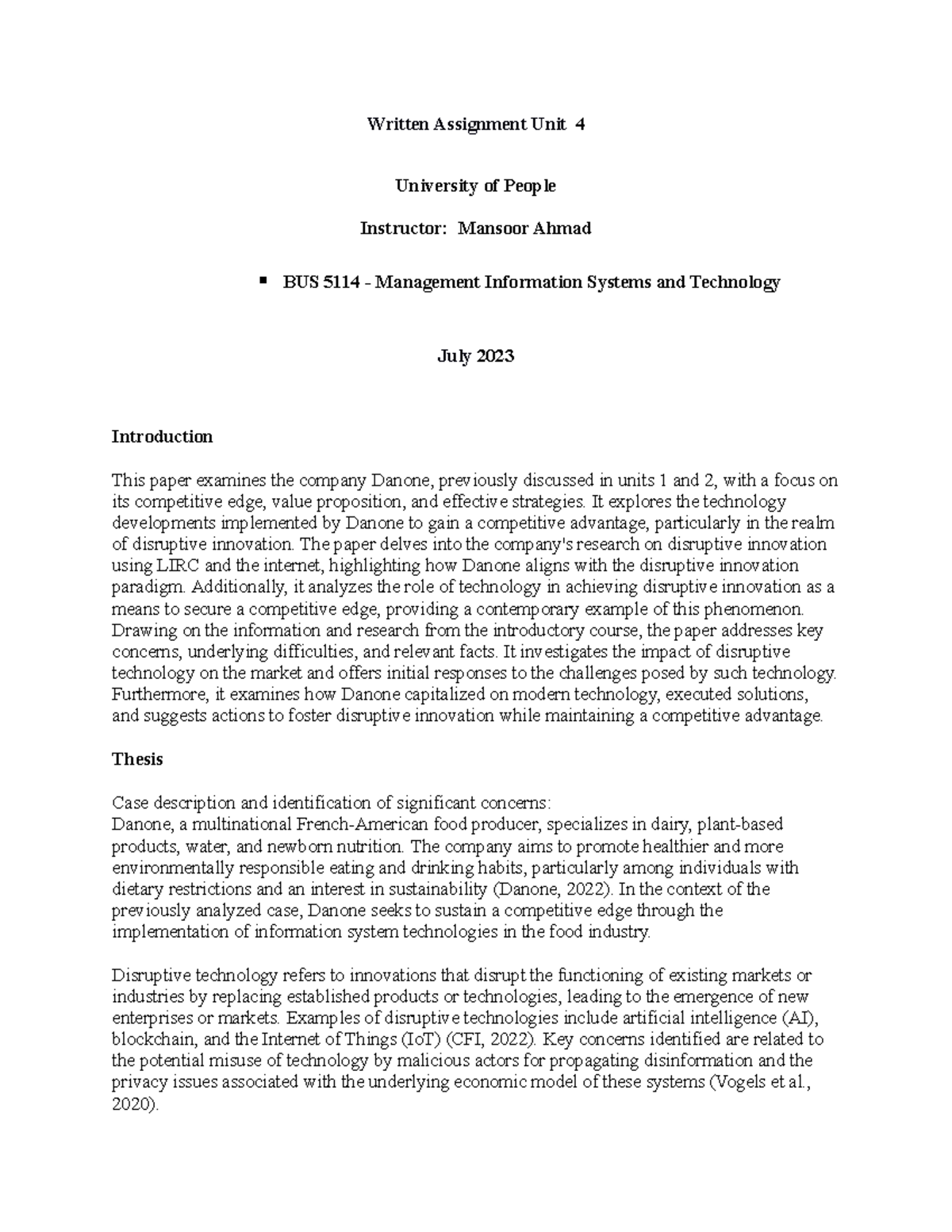 Bus 5114 WA 4 - written assigment - Written Assignment Unit 4 University of People Instructor ...