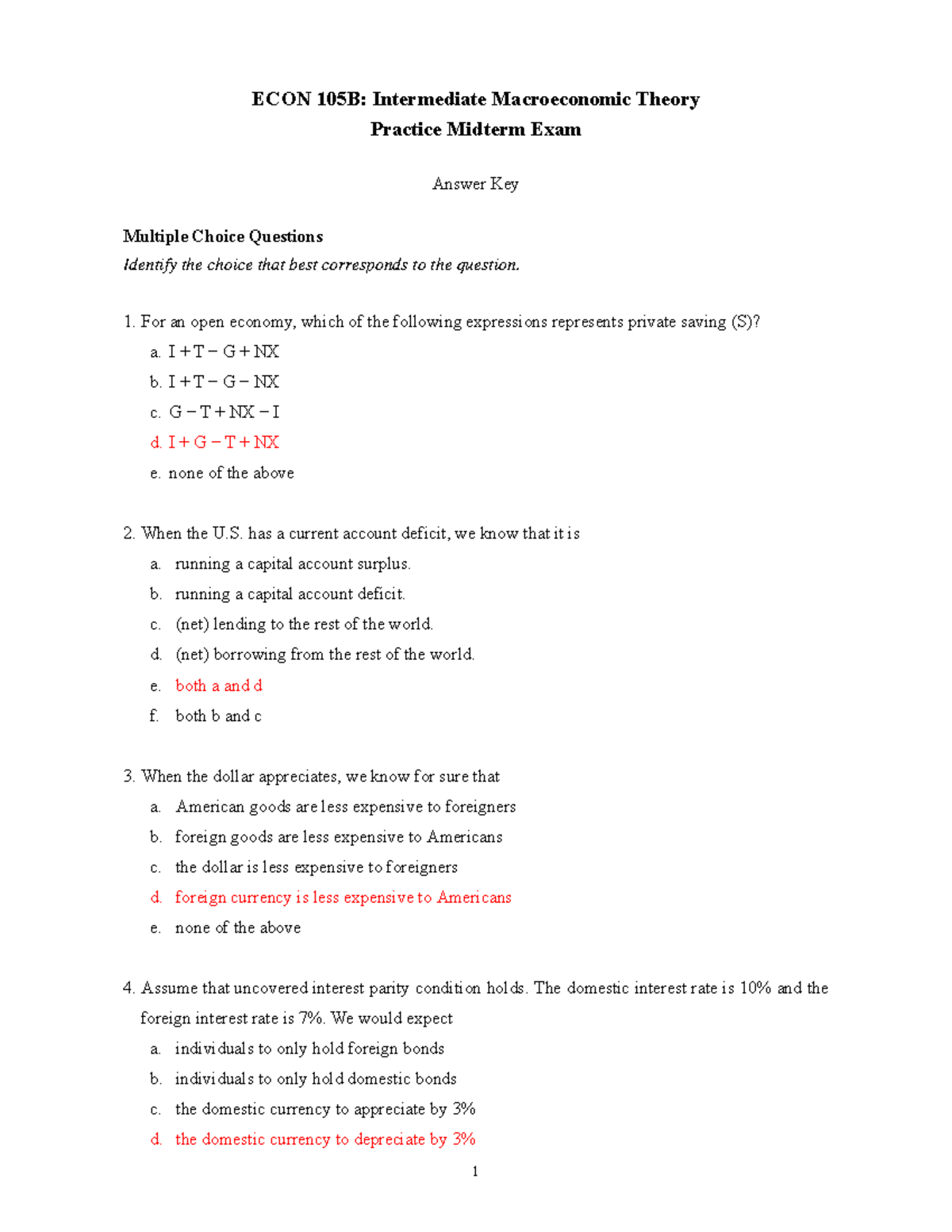 Midterm Practice Exam Solutions - ECON 105B: Intermediate Macroeconomic ...