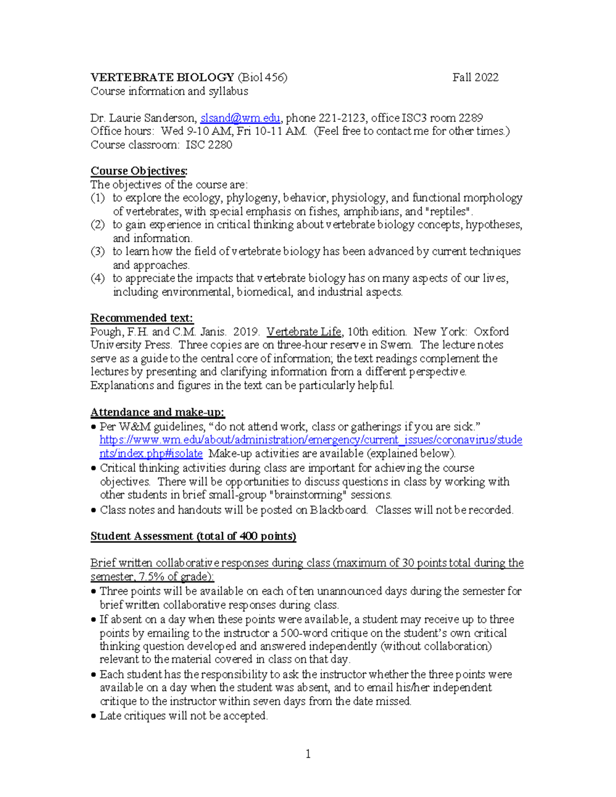 Vert Bio Syllabus 2022 - VERTEBRATE BIOLOGY (Biol 456) Fall 2022 Course ...