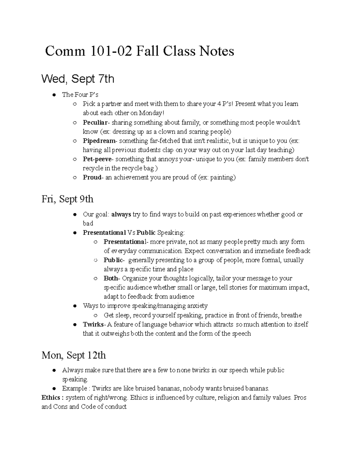 Comm 101-02, Fall 2022 Class Notes - Comm 101-02 Fall Class Notes Wed ...