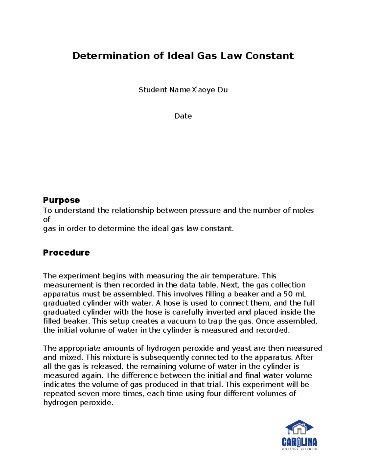 M6 Lab 1 Determination of Ideal Gas Law Constant 2022 - Determination ...