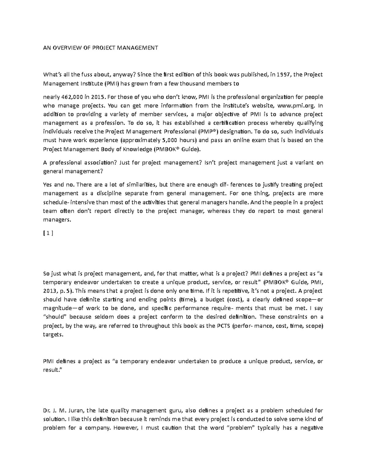 1 AN Overview OF Project Management - AN OVERVIEW OF PROJECT MANAGEMENT ...