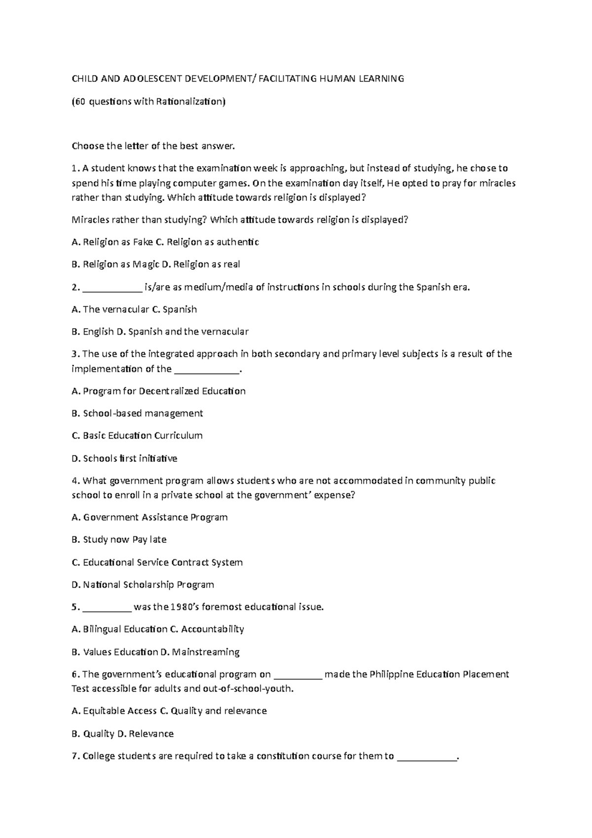 CAD & Facil - QUE - CHILD AND ADOLESCENT DEVELOPMENT/ FACILITATING ...