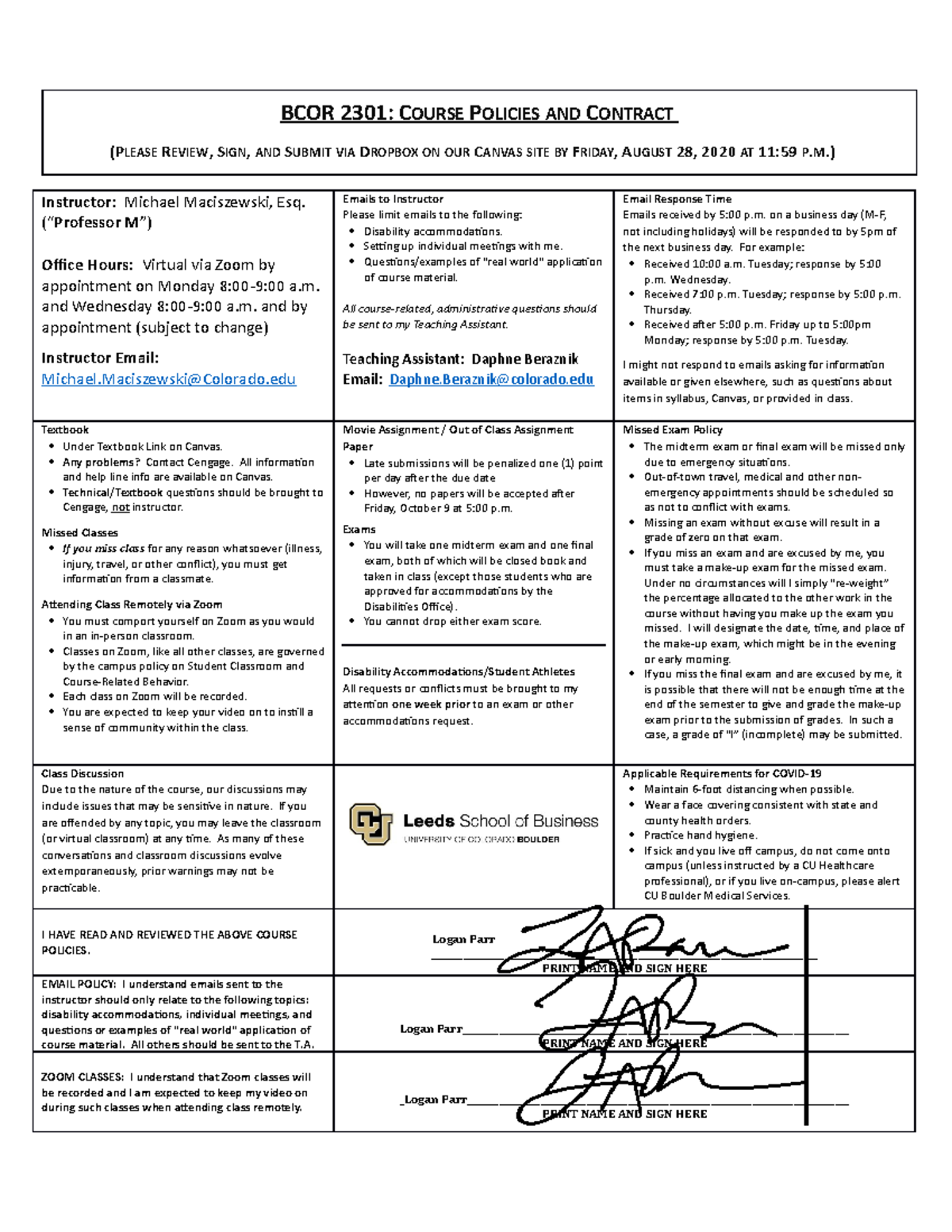Fall 2020 BCOR 2301 - Course Policies and Contract - BCOR 2301: C OURSE ...