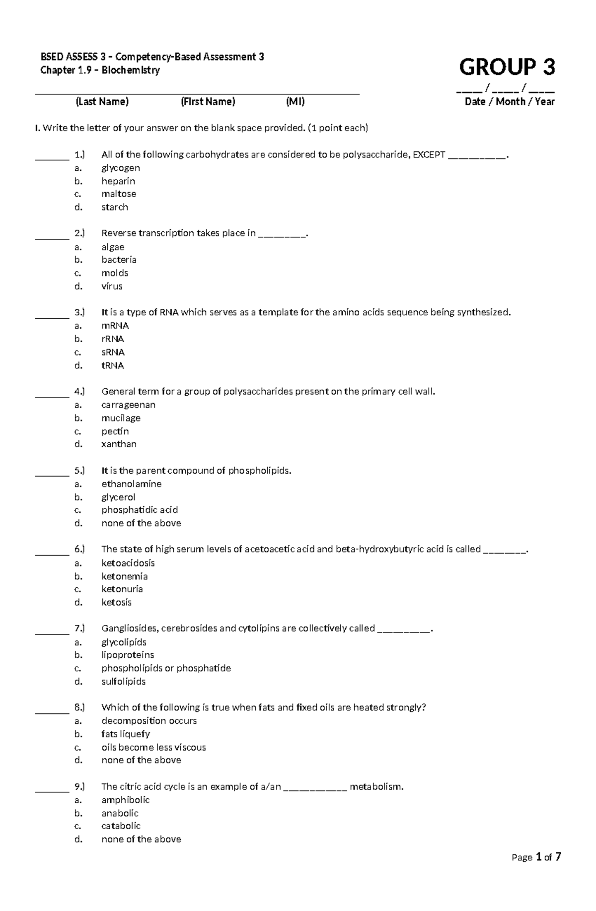 Biochemistry Questionnaire - BSED ASSESS 3 – Competency-Based ...