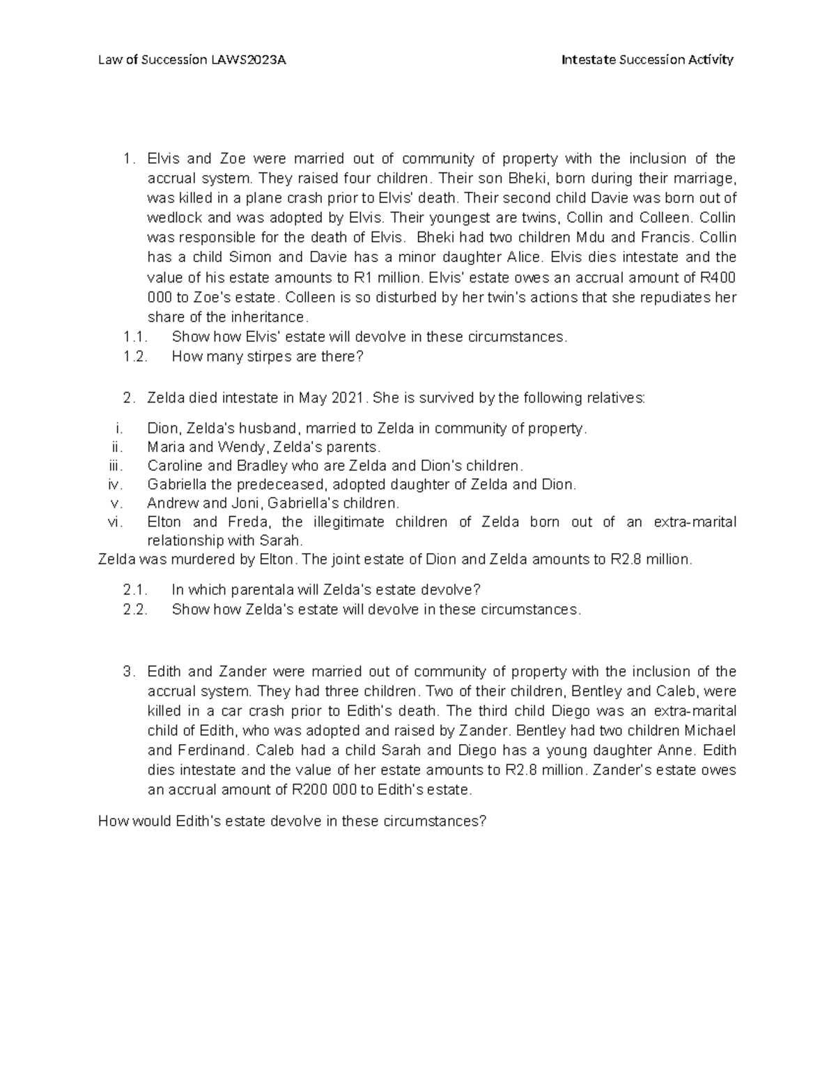Intestate Succession class activity - Law of Succession LAWS2023A ...