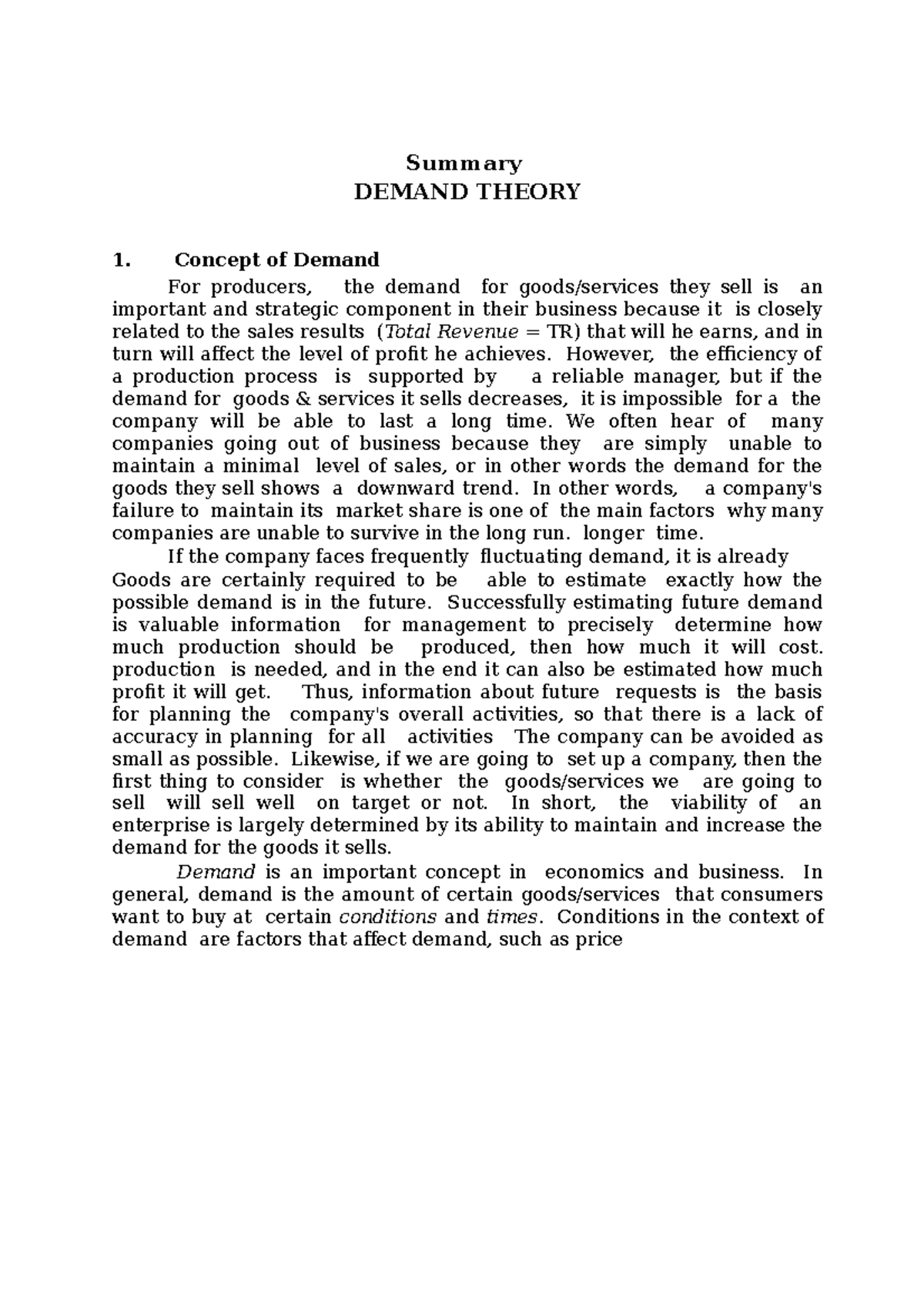 Summary Demand Theory - Summary DEMAND THEORY Concept of Demand For ...