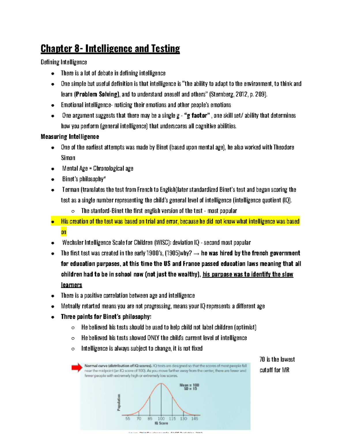 Psyc Test 3 Class Notes Chapter 8 Intelligence And Testing Deûning Intelligence There Is A