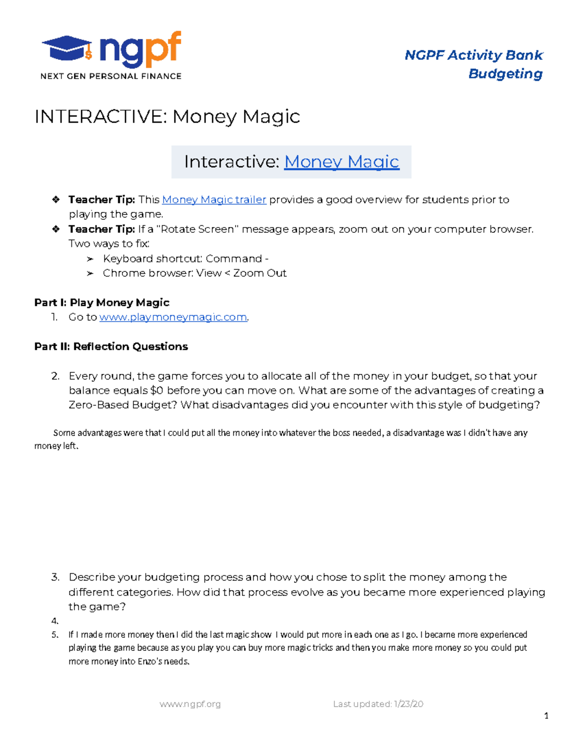 Interactive Money Magic - NGPF Activity Bank Budgeting INTERACTIVE ...
