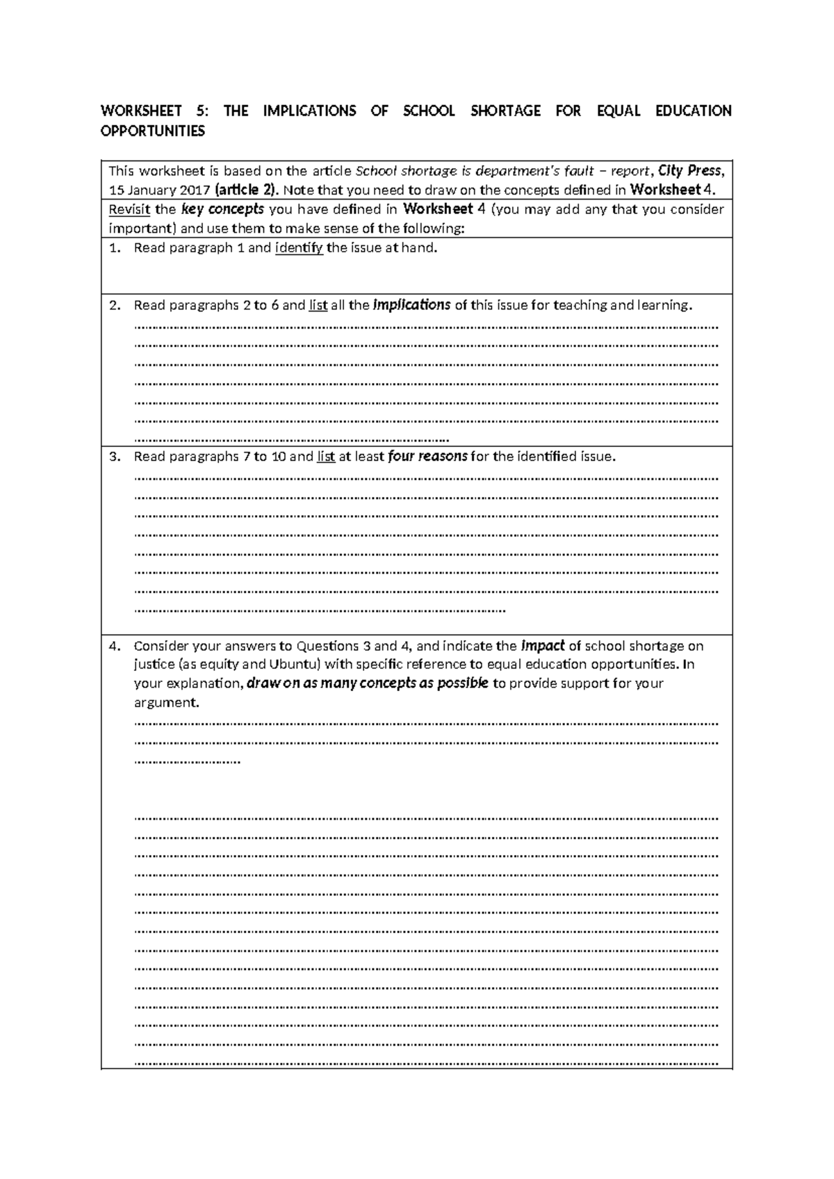 Worksheet 4 Implications of school shortage for equal education ...