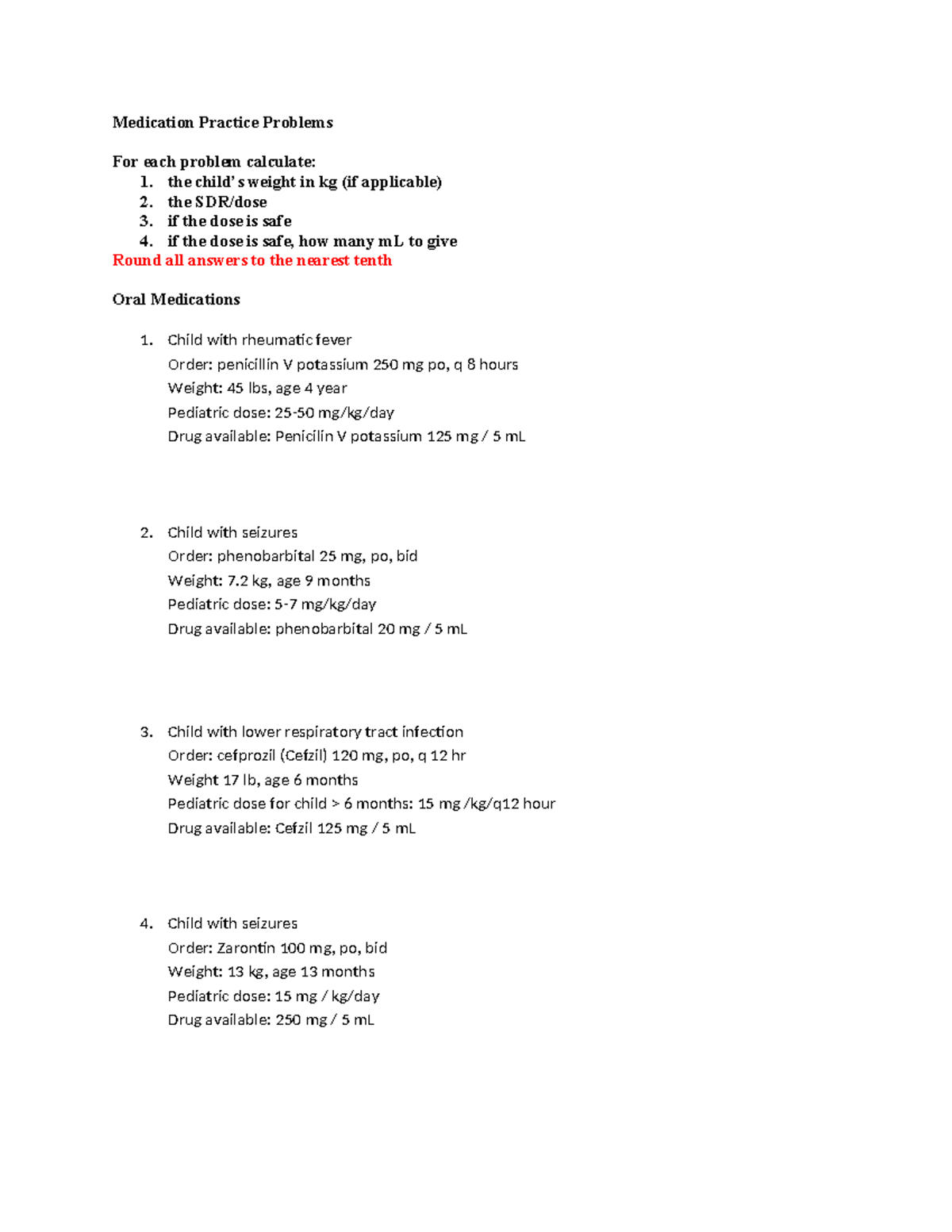 Peds Med Calc Practice (1) - Medication Practice Problems For each ...
