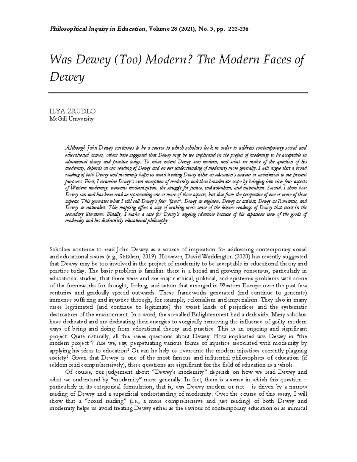 Was Dewey (Too) Modern The Modern Faces of Dewey - Philosophical ...