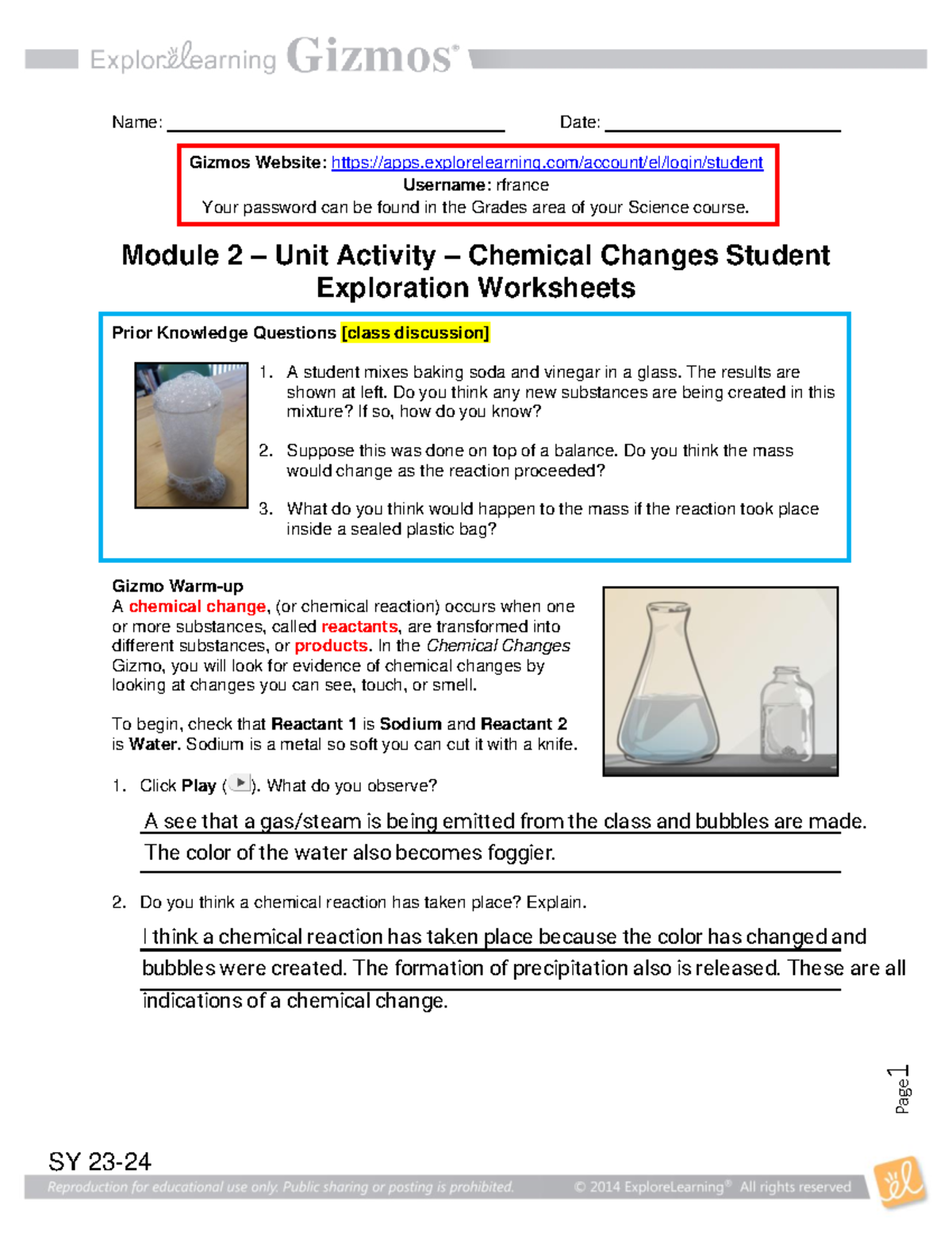 Kami Export - Module 2 - Unit Activity - Chemical Changes Gizmo Student ...
