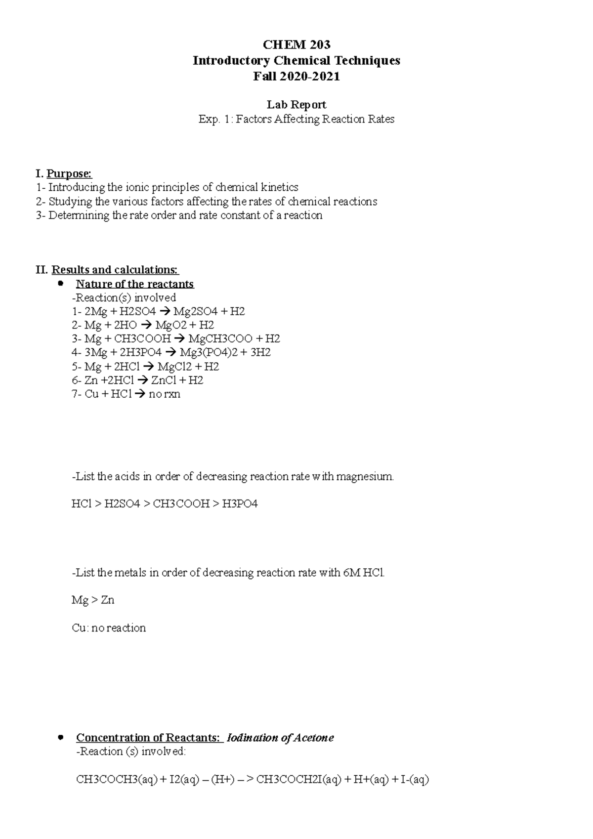 Lab Report Exp. 1-Factors affecting reaction rates -with data - CHEM ...