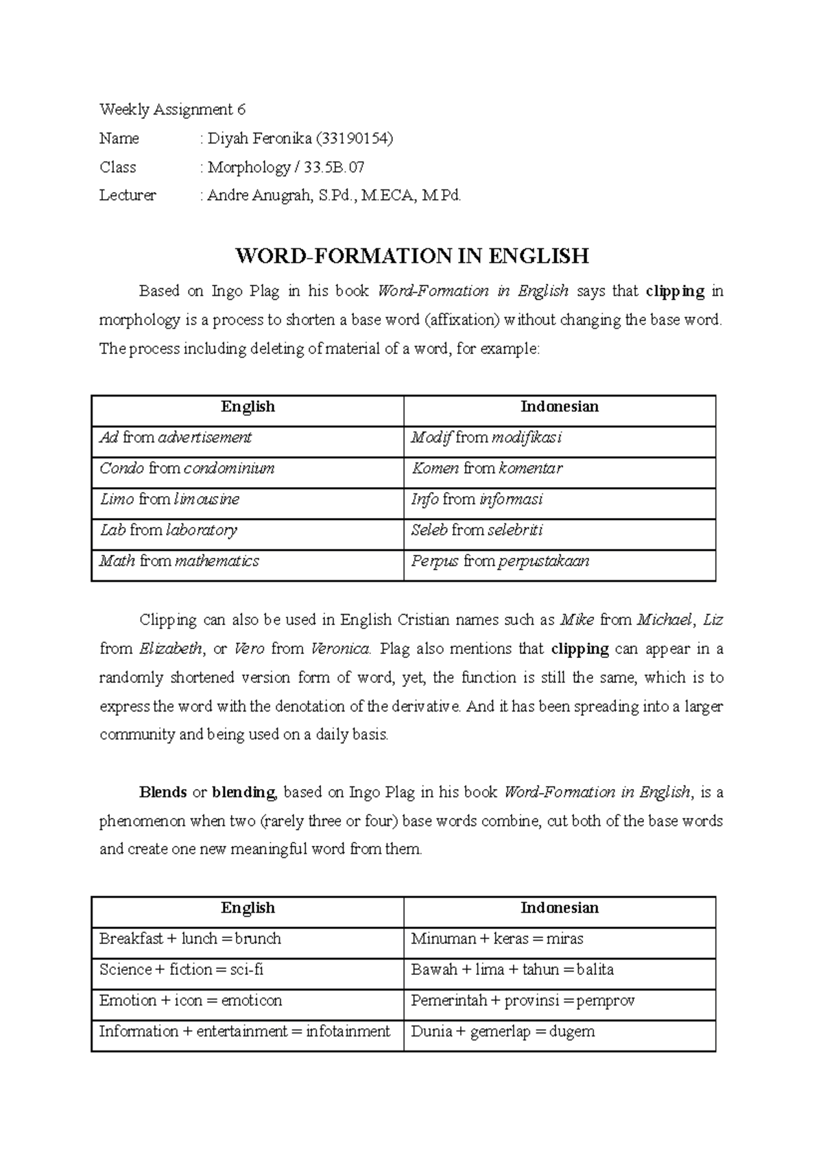 Weekly Assignment 6 - Name : Diyah Feronika (33190154) Class : Morphology / 33.5B.07 Lecturer ...