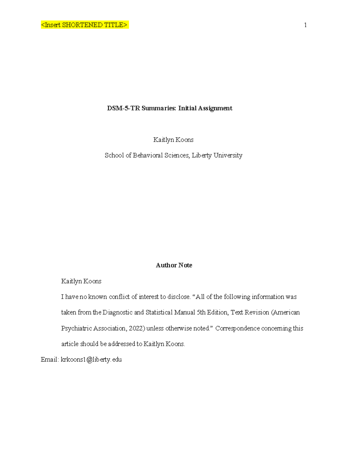 APA 7th Template for DSM summaries - DSM-5-TR Summaries: Initial ...
