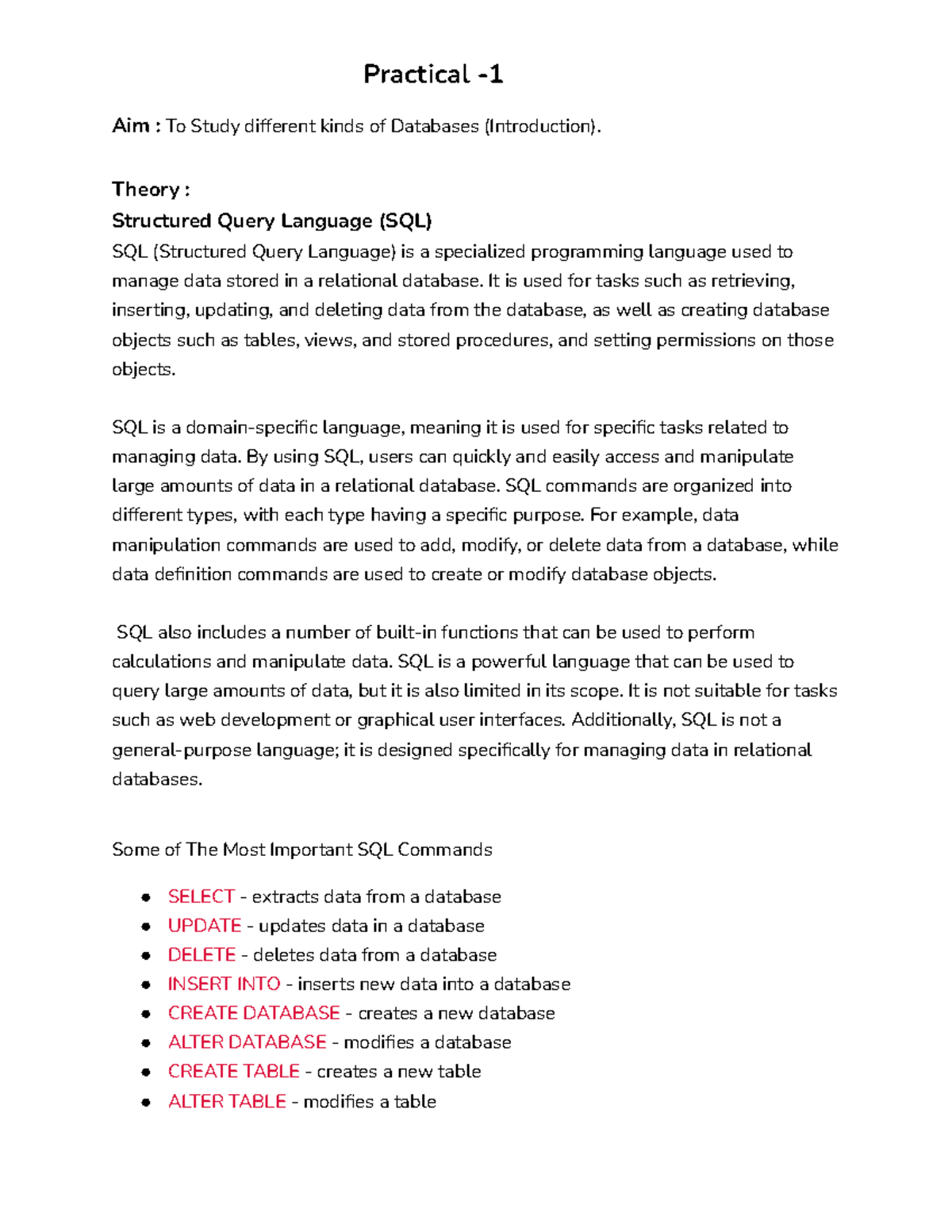 Practical-1 - ADBMS - Practical - Aim : To Study different kinds of ...