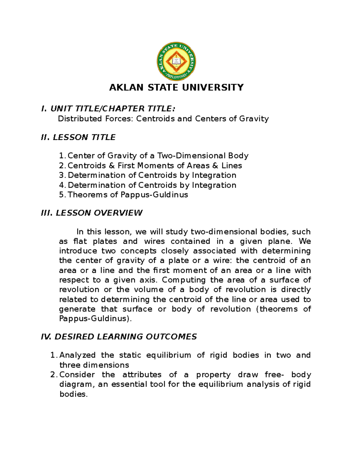 Engineering Mechanics- Distributed Forces - AKLAN STATE UNIVERSITY I ...