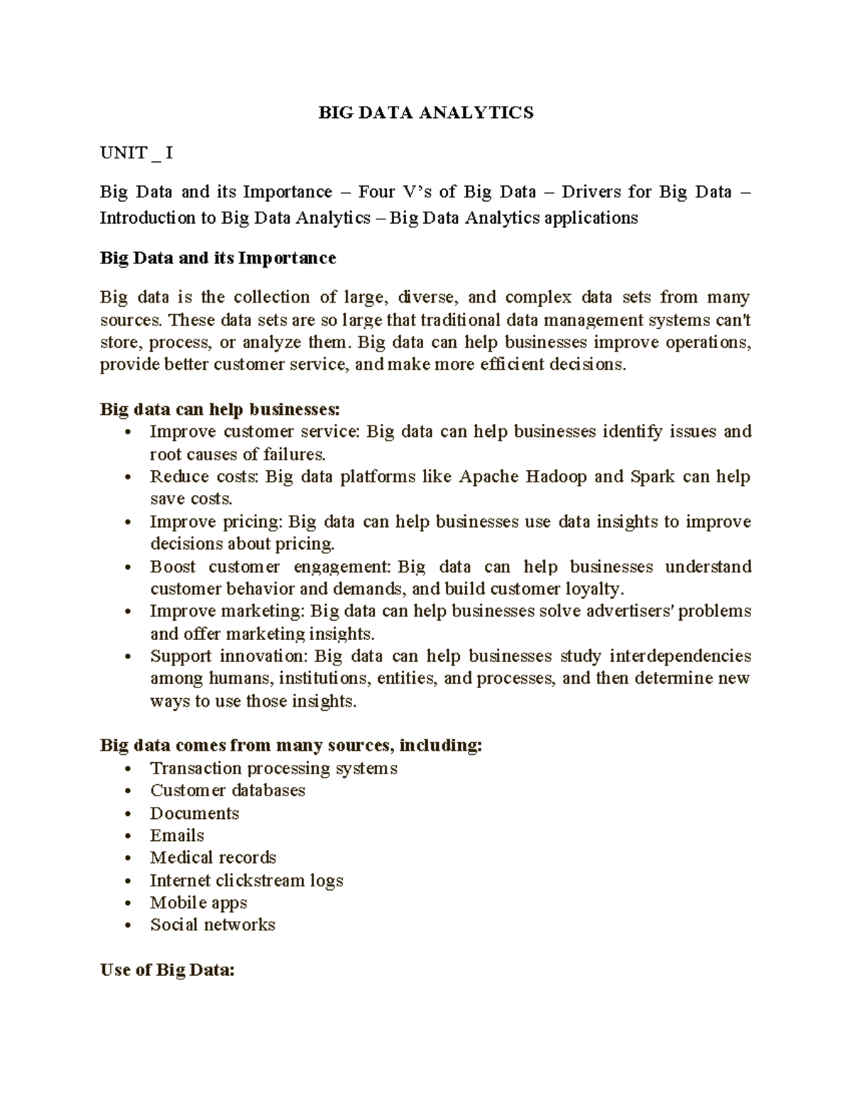 Big Data Analytics Unit 1 Big Data Analytics Unit I Big Data And Its Importance Four Vs