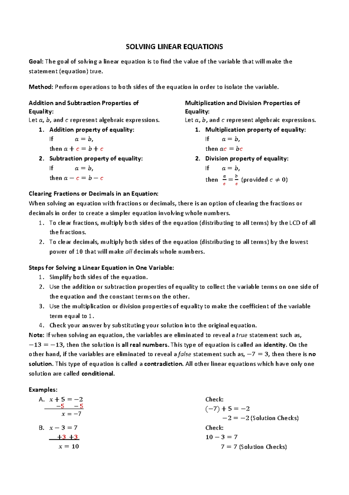 Year10 holiday homework - SOLVING LINEAR EQUATIONS Goal: The goal of ...