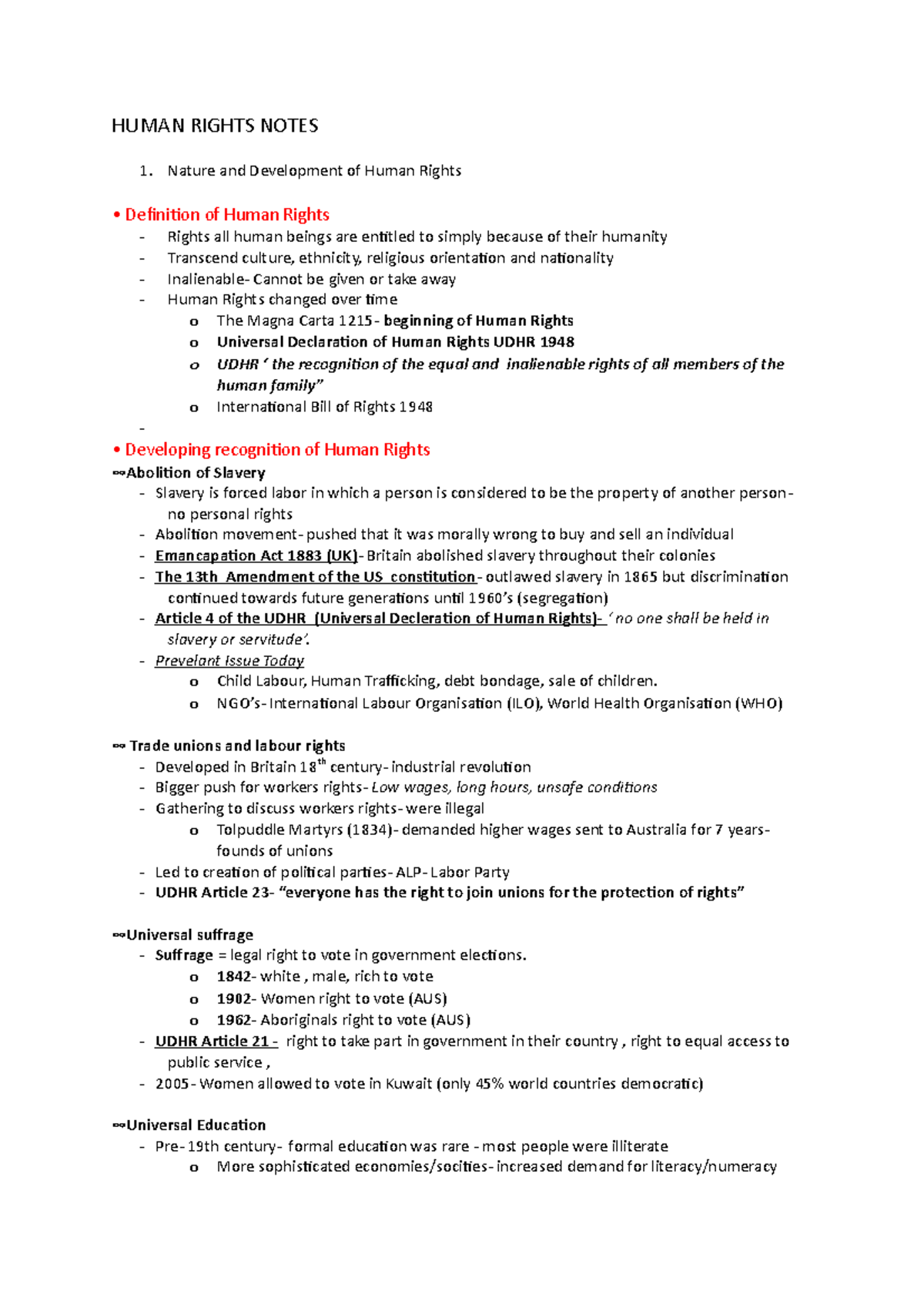 Human Rights Notes Conde - HUMAN RIGHTS NOTES Nature and Development of ...