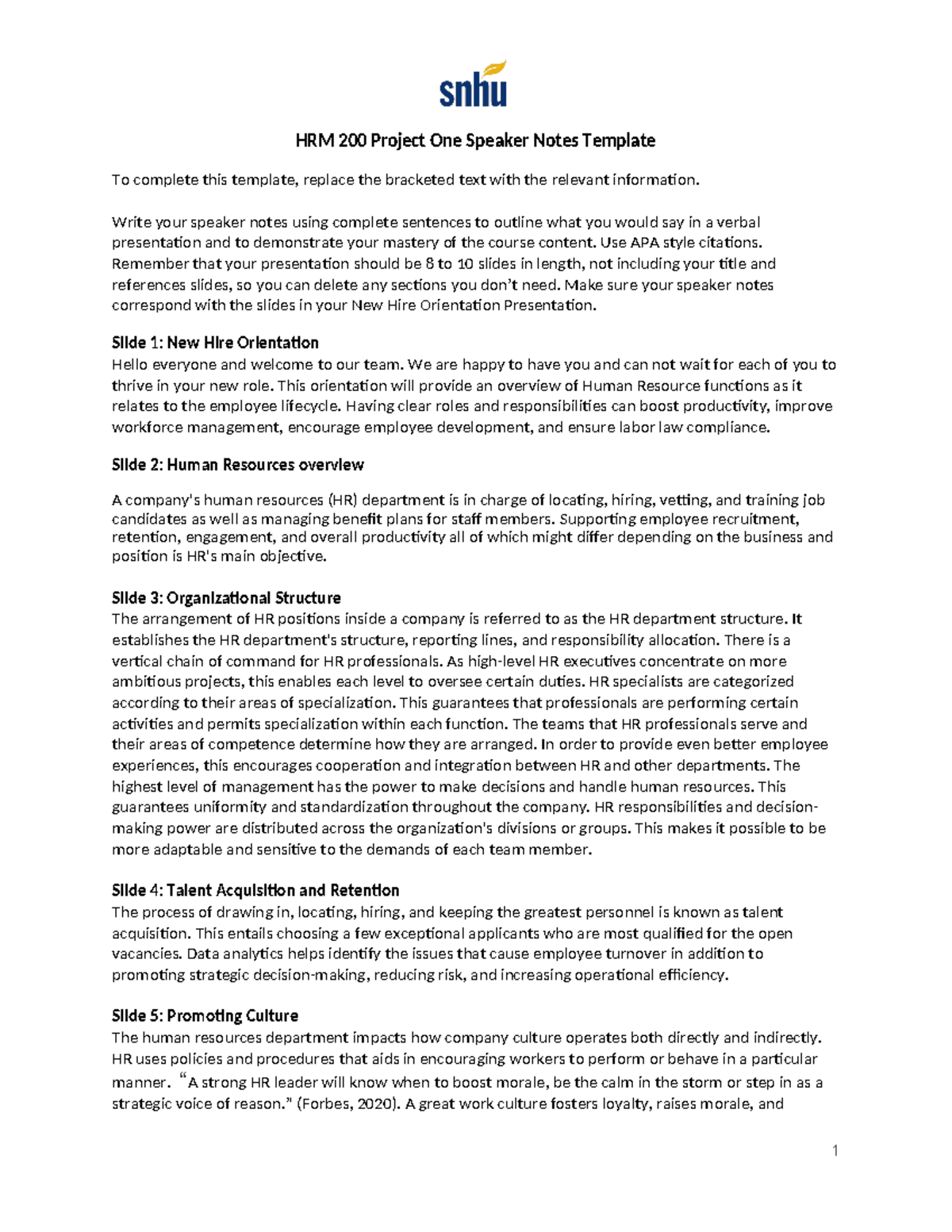 HRM 200 Project One Speaker Notes Template - Write your speaker notes ...