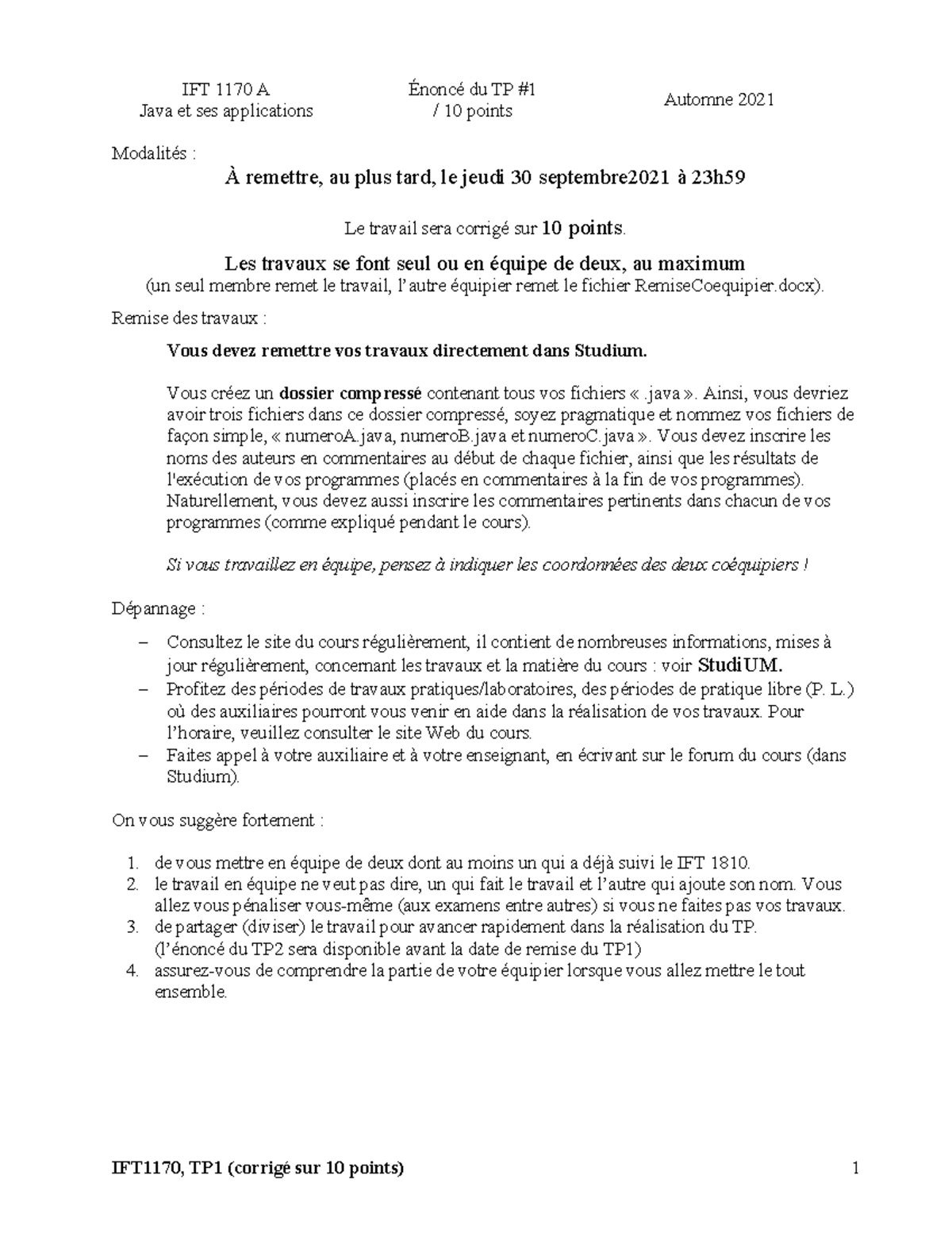 Chapitre 11 elements avances programation orientée objett - IFT1170, TP1 (corrigé sur 10 points ...