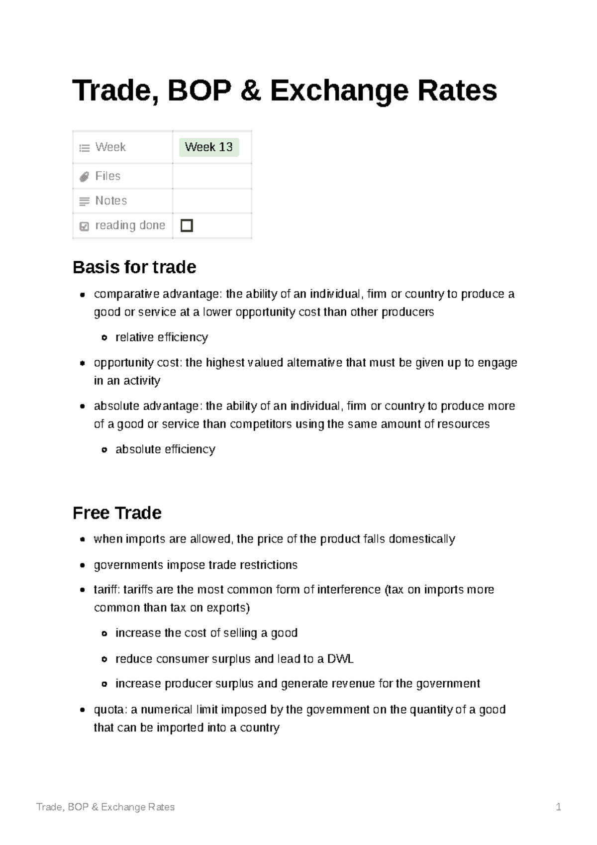 Trade BOP Final Lecture Notes - Trade, BOP & Exchange Rates 1 Trade ...