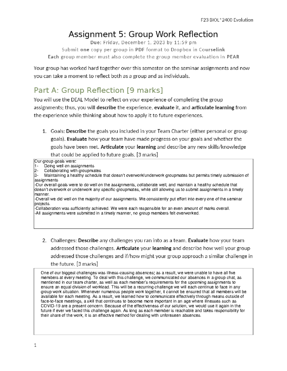 Assignment 5 Group Work Reflection - BIOL 2400 (0101) F23 - Evolution ...