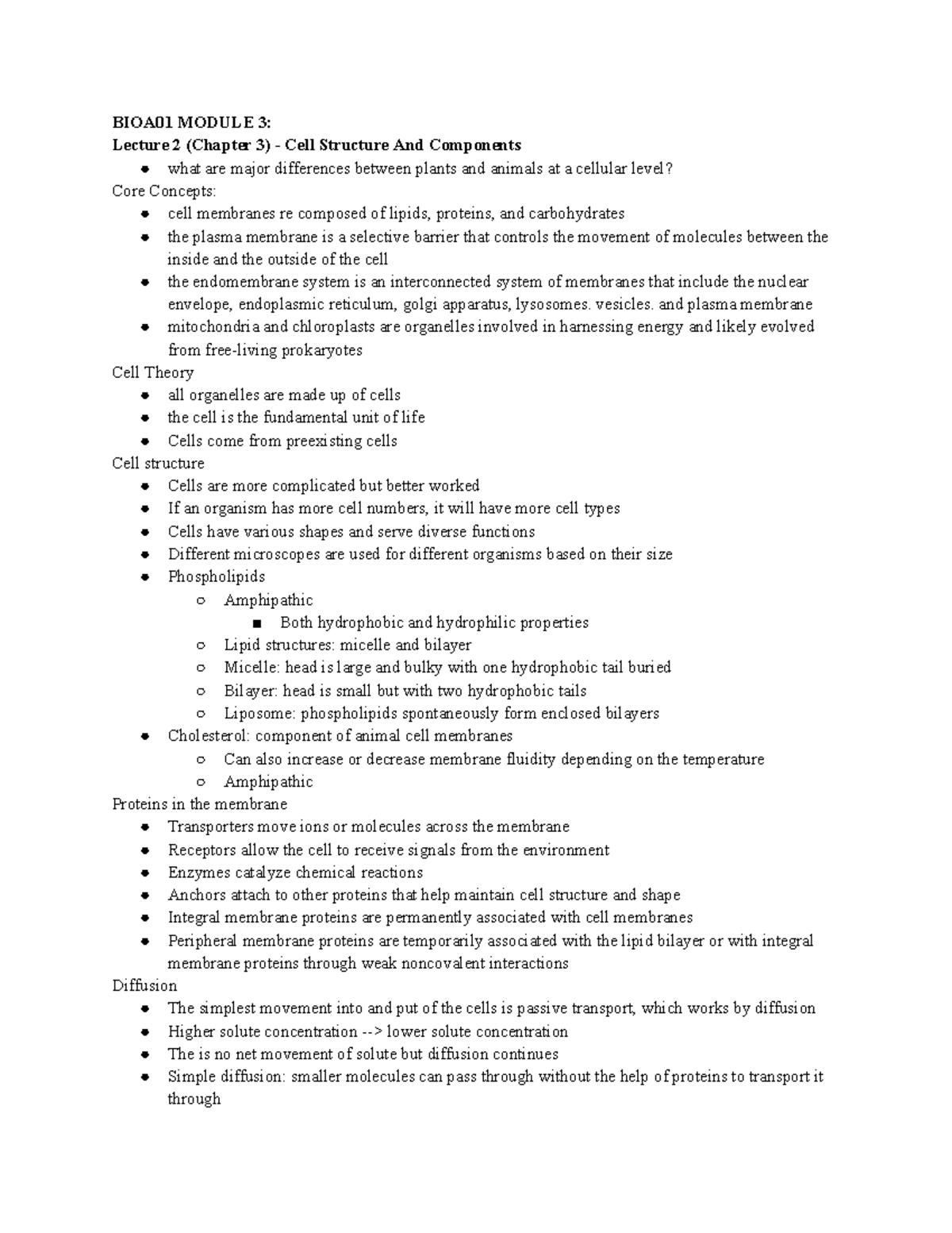 BIOA01 - Module 3 notes - BIOA01 MODULE 3: Lecture 2 (Chapter 3) - Cell ...
