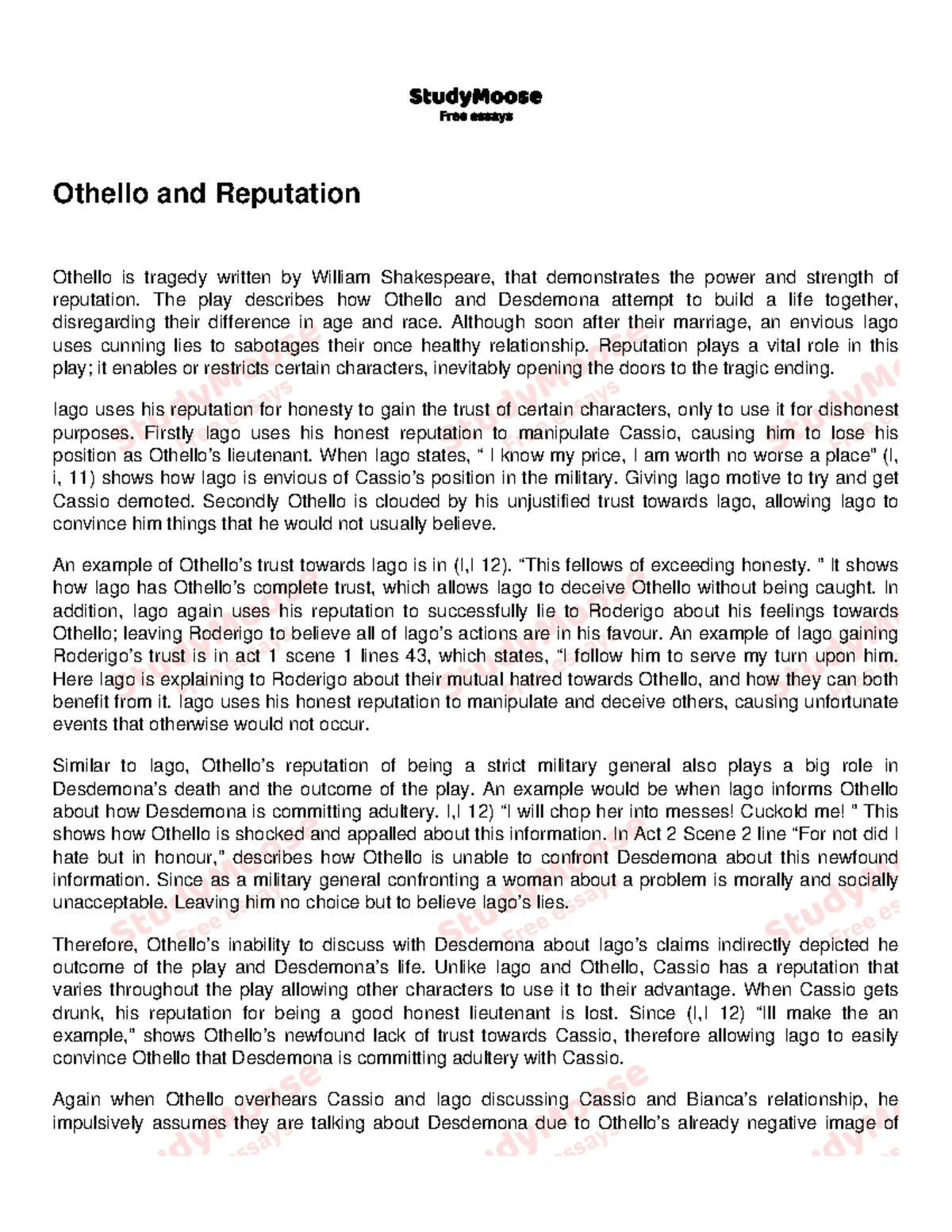 Othello and Reputation - Othello and Reputation Othello is tragedy ...
