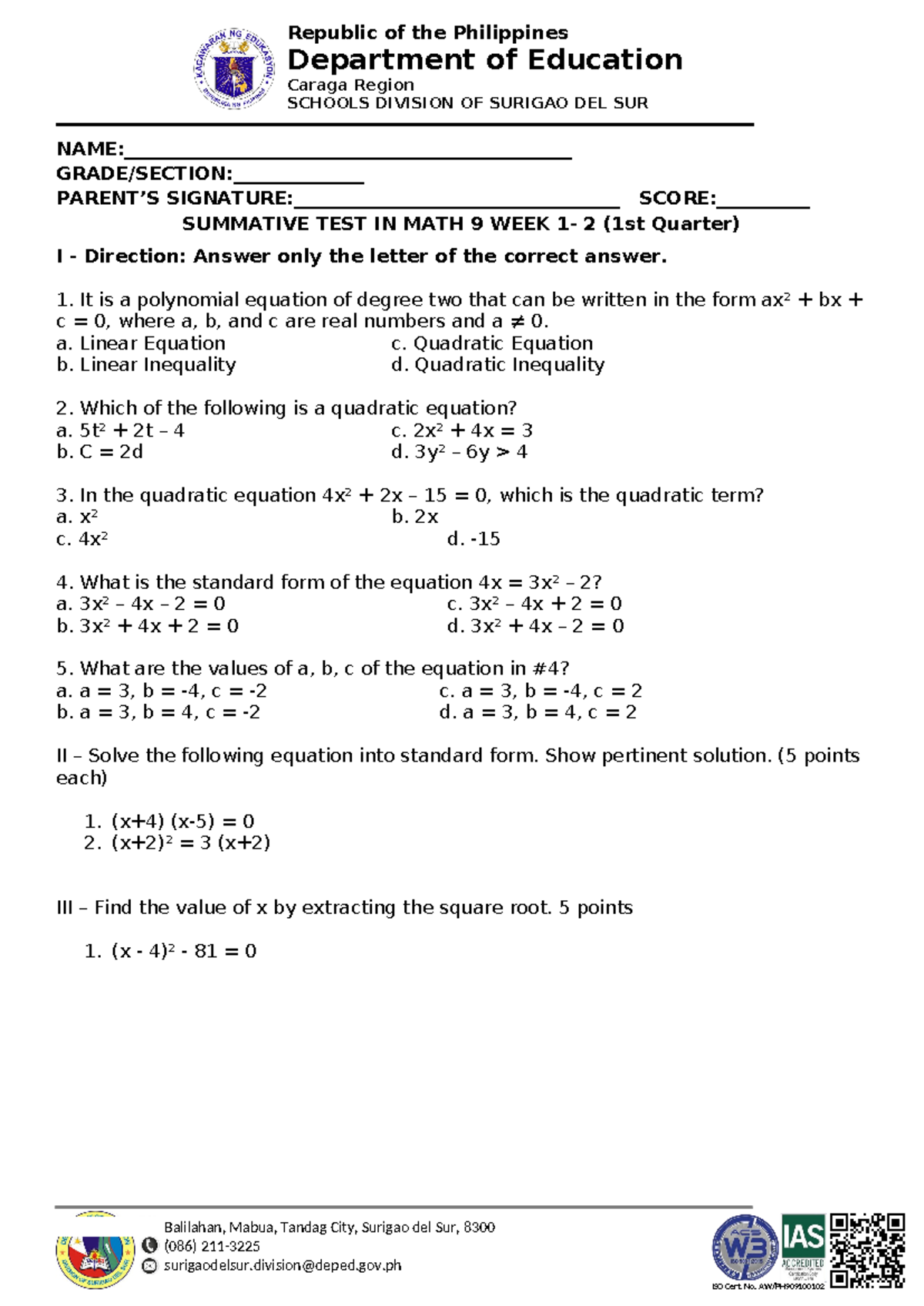 MATH 9 Q1 - None - ISO Cert. No. AW/PH Republic of the Philippines ...