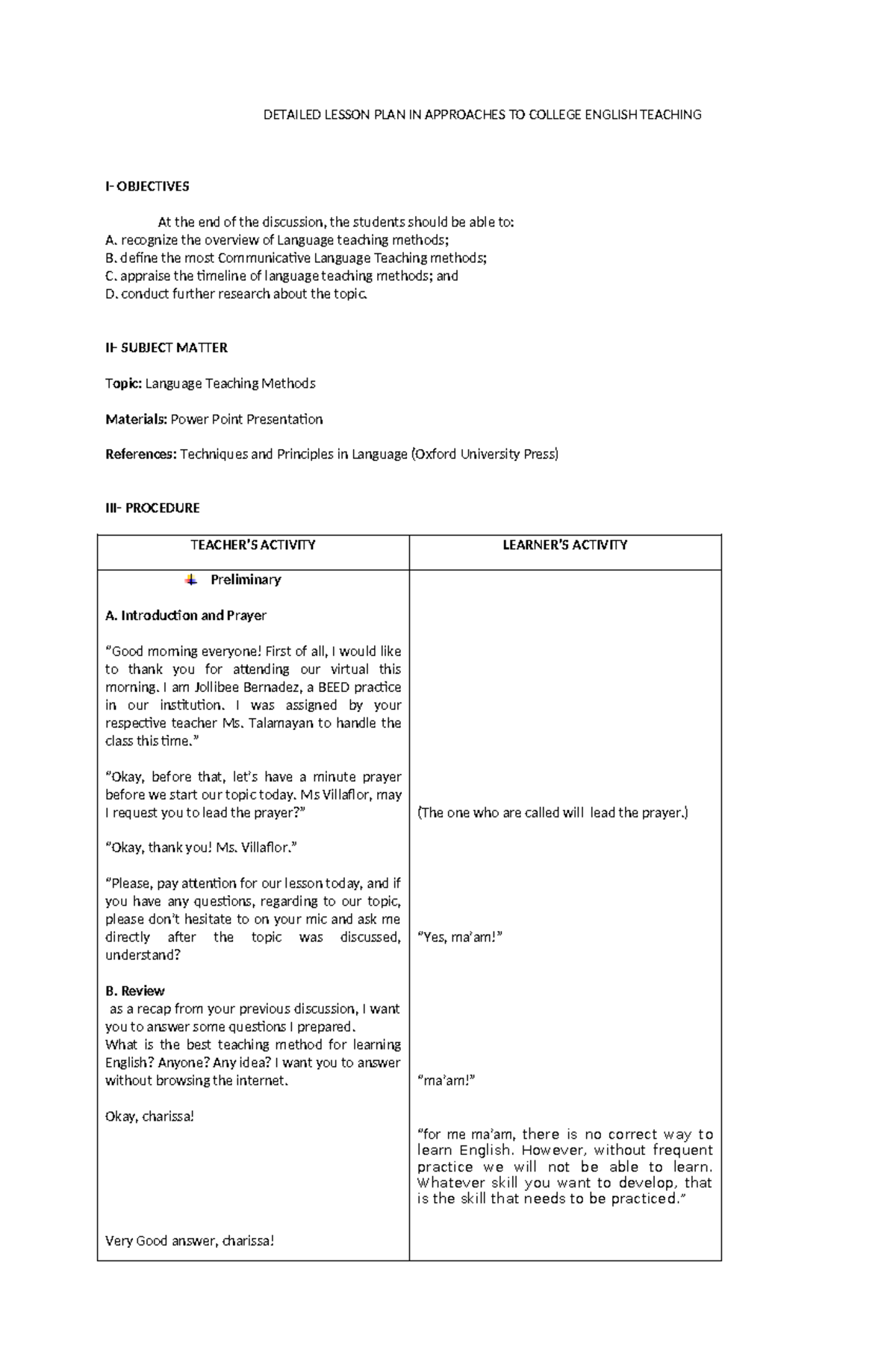 Detailed Lesson PLAN Phase 3 - DETAILED LESSON PLAN IN APPROACHES TO ...