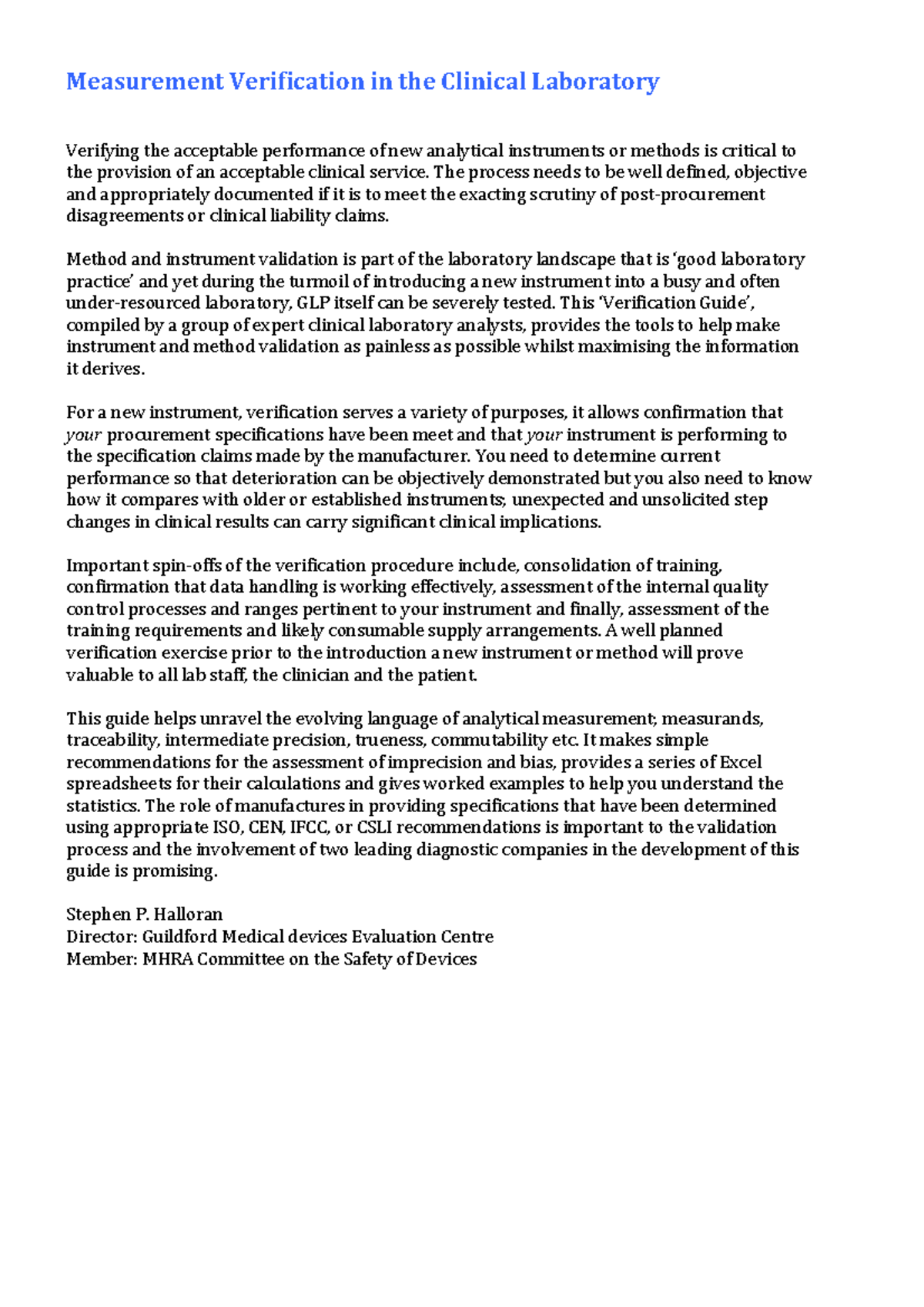 Measurement Verification In The Clinical Laboratory Stephen Halloran Editorial Measurement